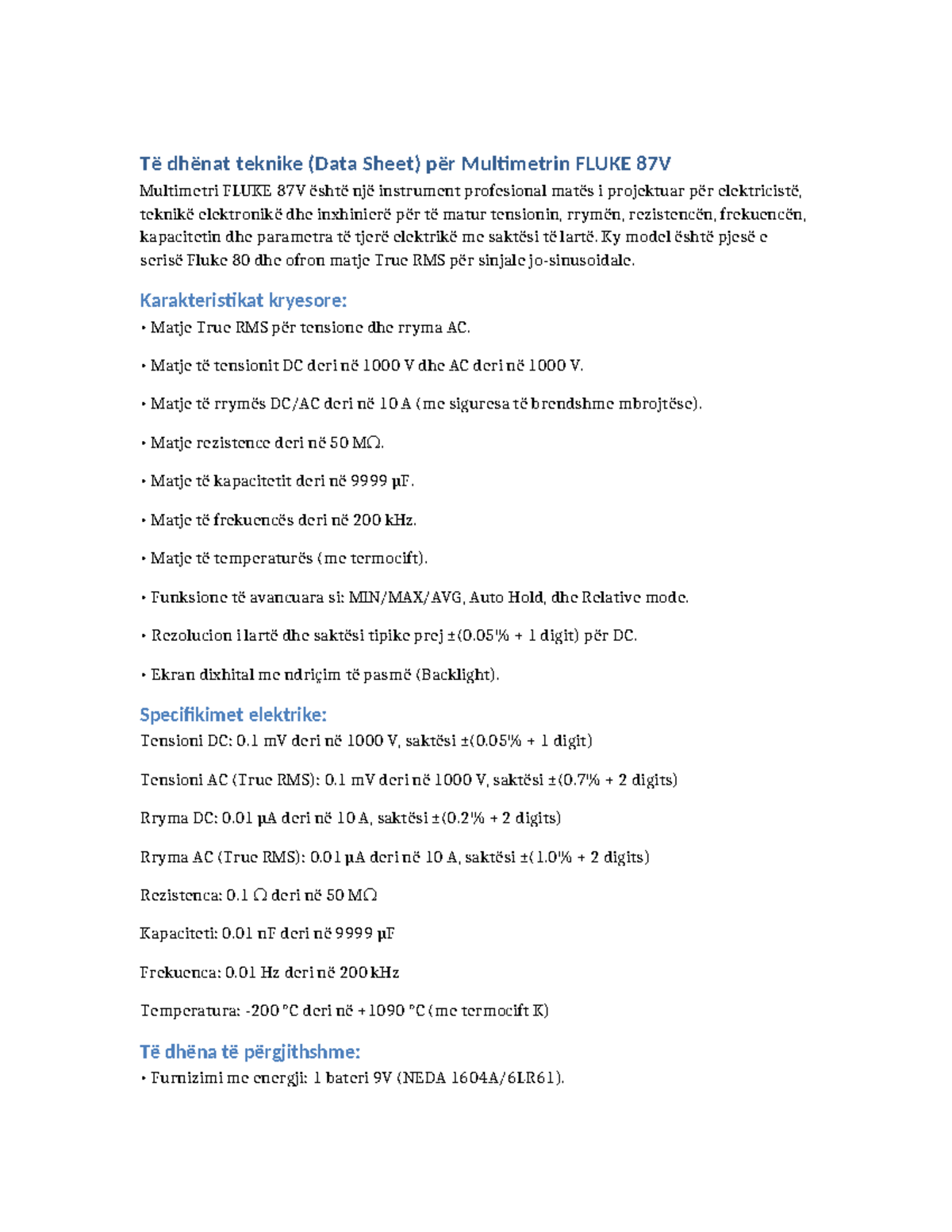 Data Sheet për Multimetrin FLUKE 87V - Lab 1 Matje Eln - Studocu