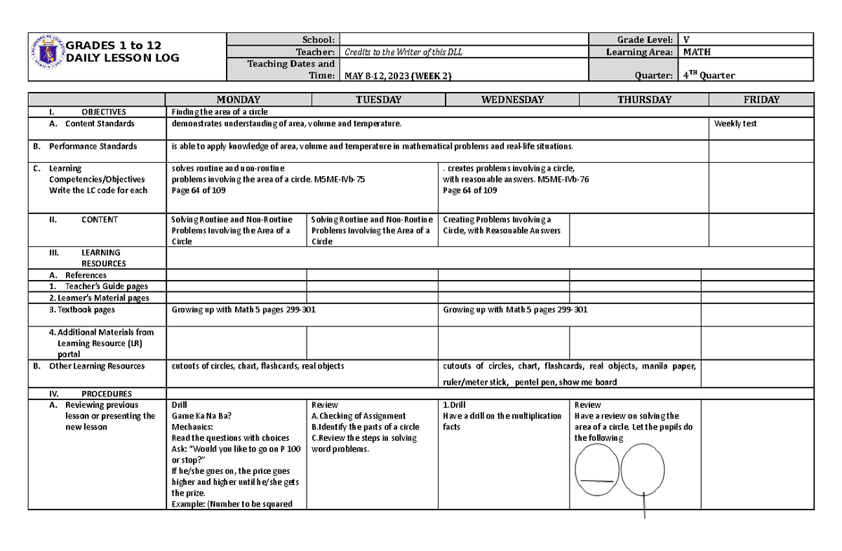 Grade 5 DLL Math Q4 Week 2: Area of a Circle Lessons and Activities - Studocu
