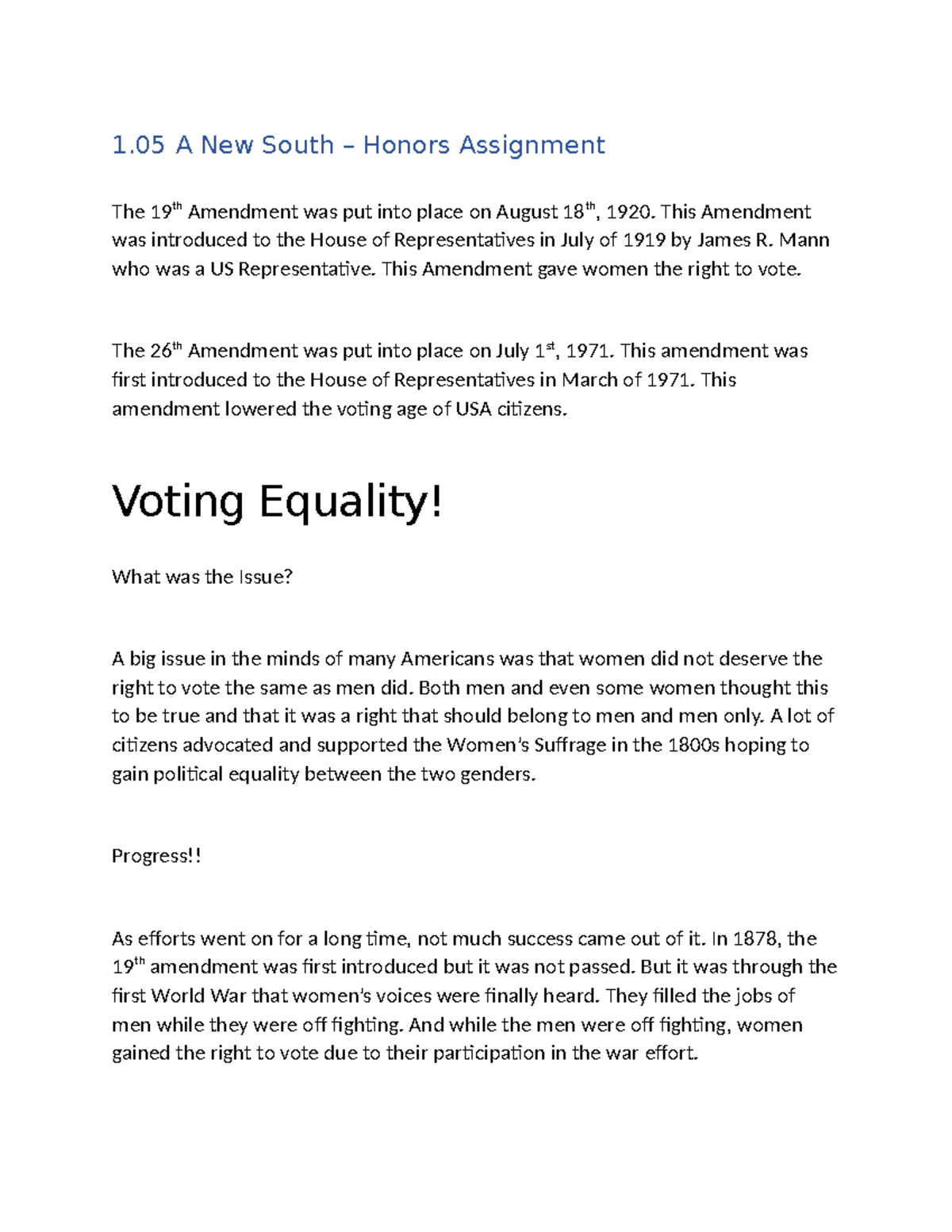 1.05 US History - Honors Assignment on Voting Amendments and Equality ...
