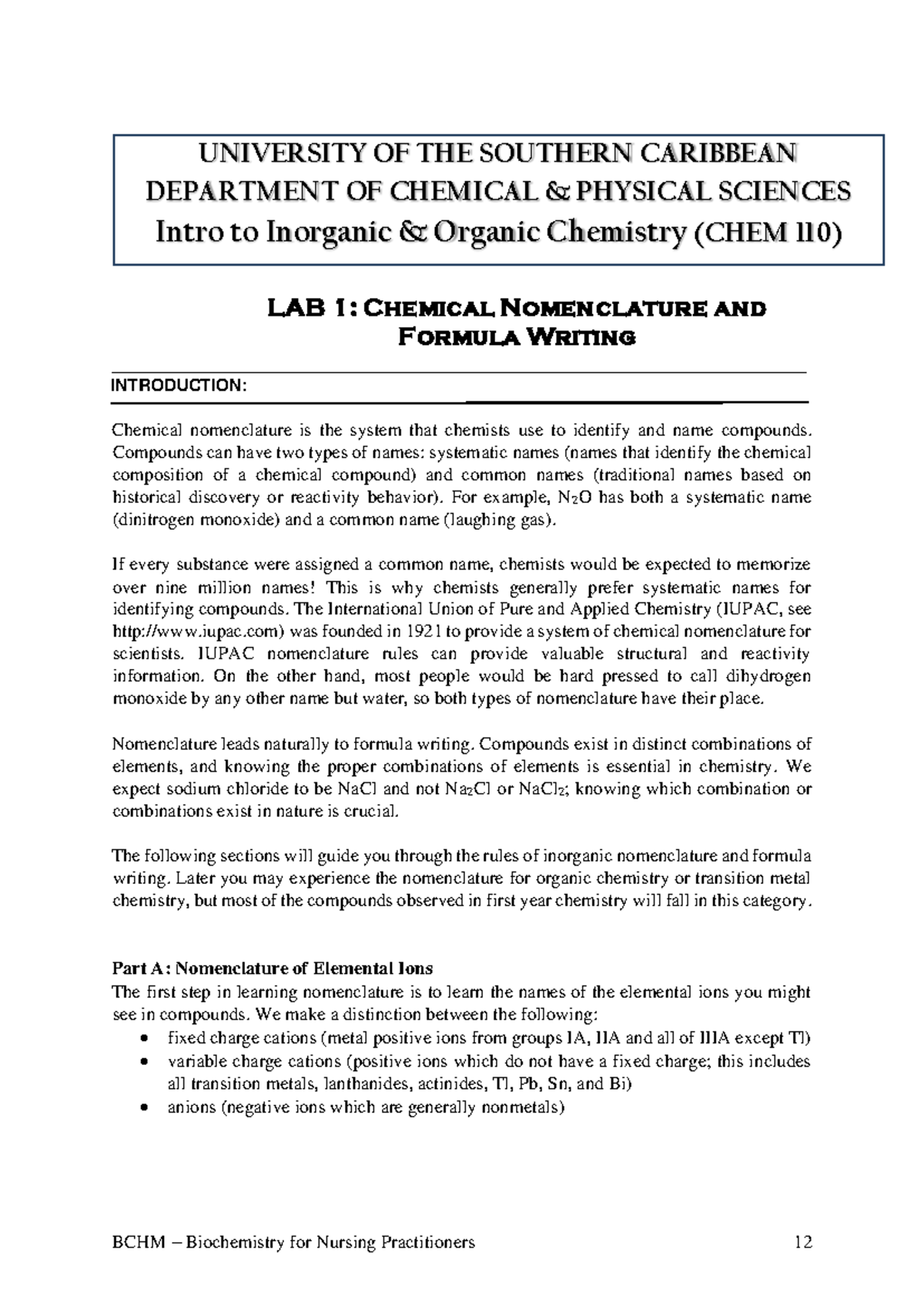 Lab 2 Chemical Nomenclature and Formula Writing (word) - LAB 1 ...