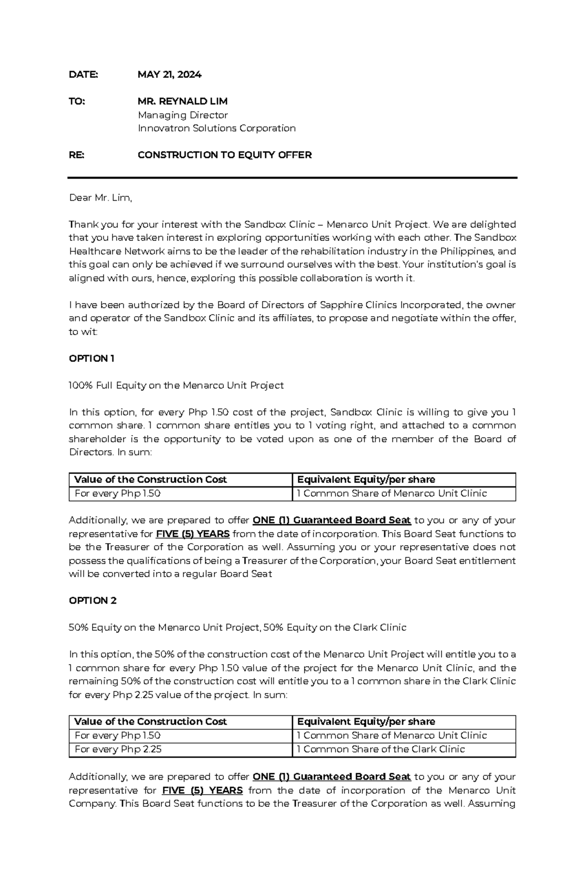 Construction to Equity Offer Proposal for Menarco Unit Project - Studocu