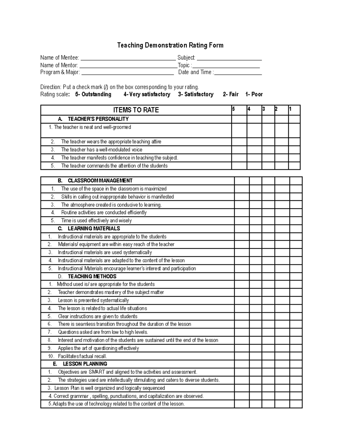 Teaching Intership Evaluation Form - Teaching Demonstration Rating Form ...