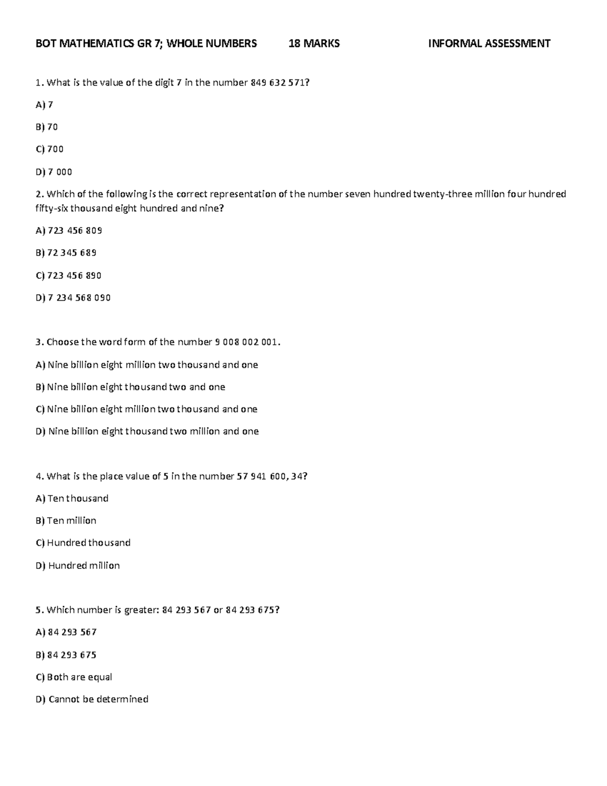 BOT MATHEMATICS GR7 INFORMAL ASSESSMENT 1 WITH ANSWERS - Studocu