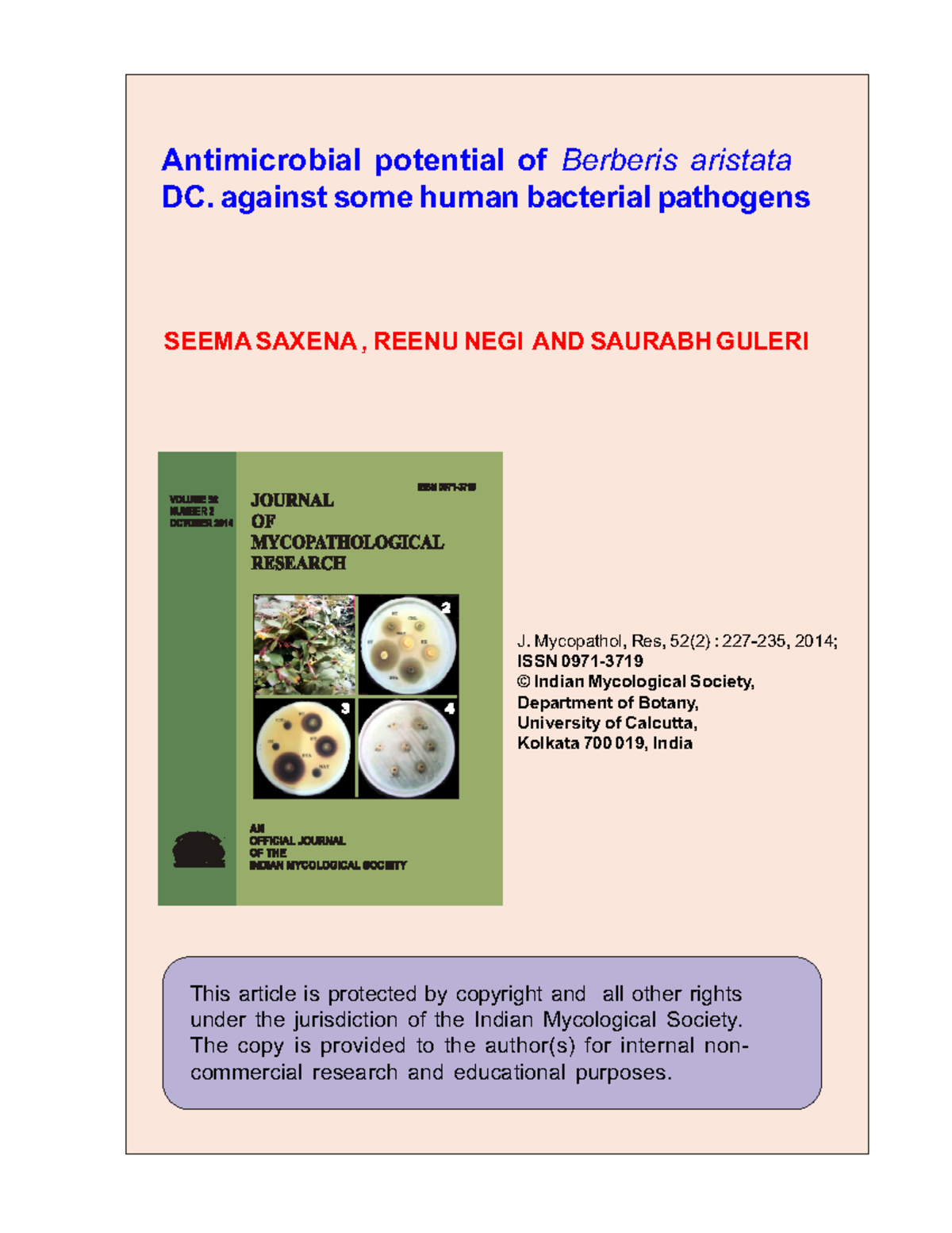 Antimicrobial Activity of Berberis aristata DC. Against Human Pathogens ...