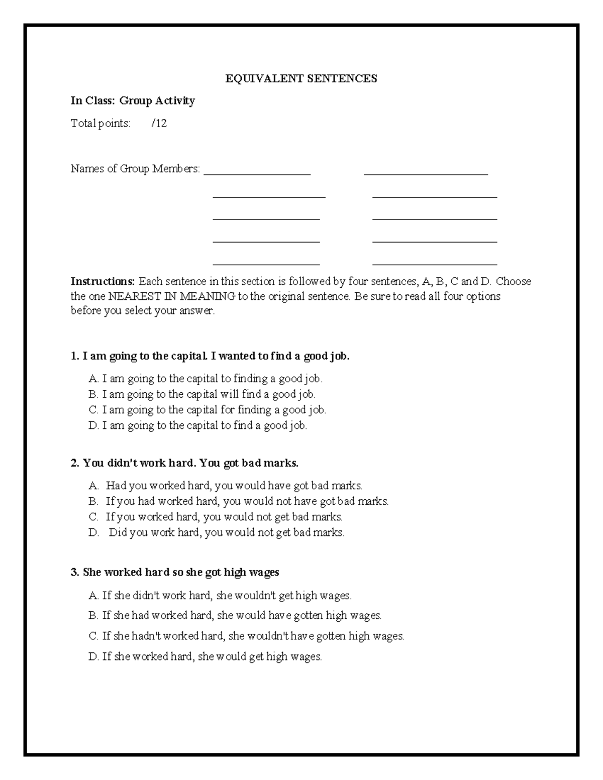 Equivalent Sentences Activity Sheet 5G: Group Activity Worksheet - Studocu