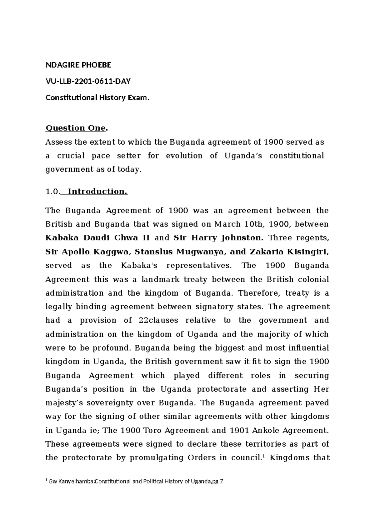 NDAGIRE PHOEBE Constitutional history final exam analysis of the ...