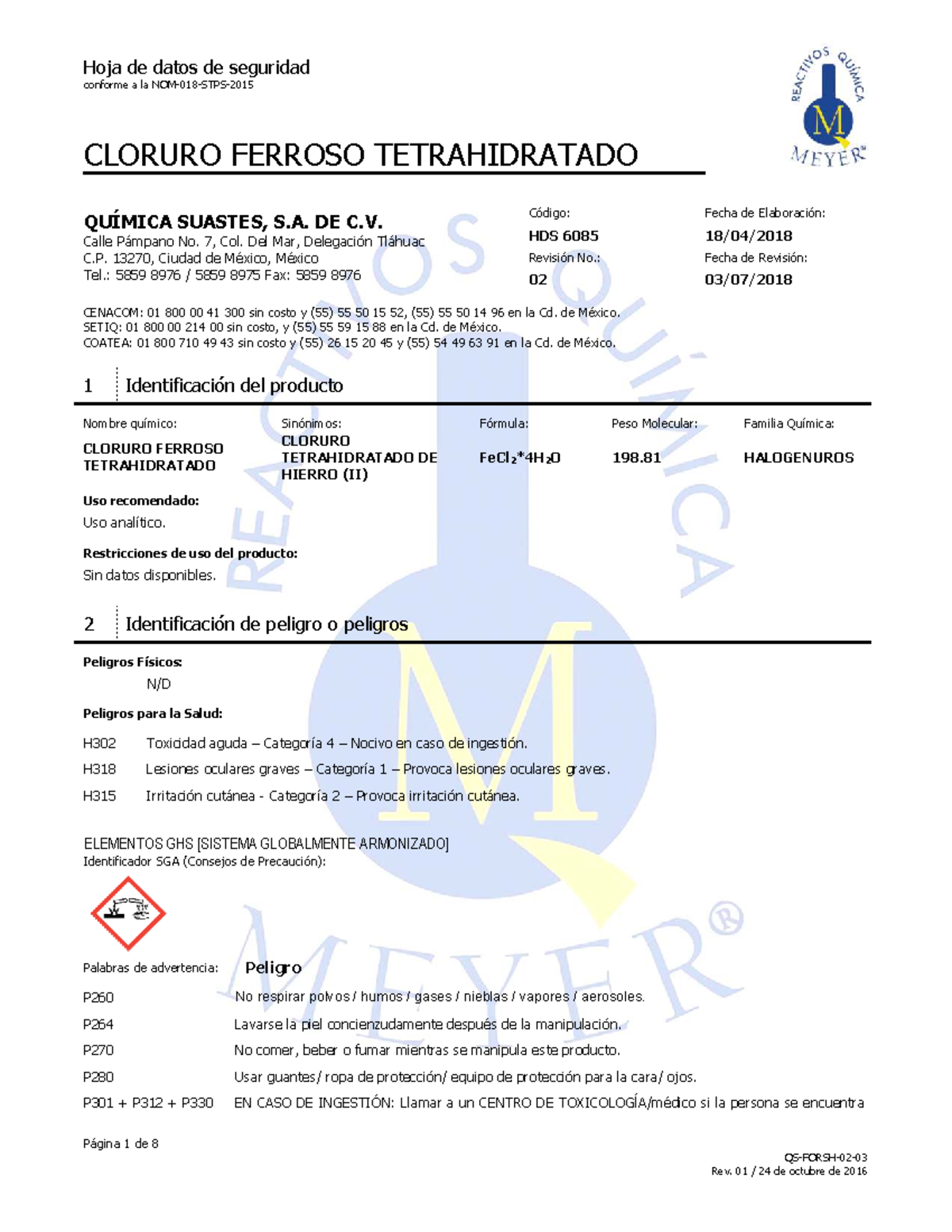 Hoja de Datos de Seguridad: Cloruro de Hierro Tetrahidratado HDS 6085 ...