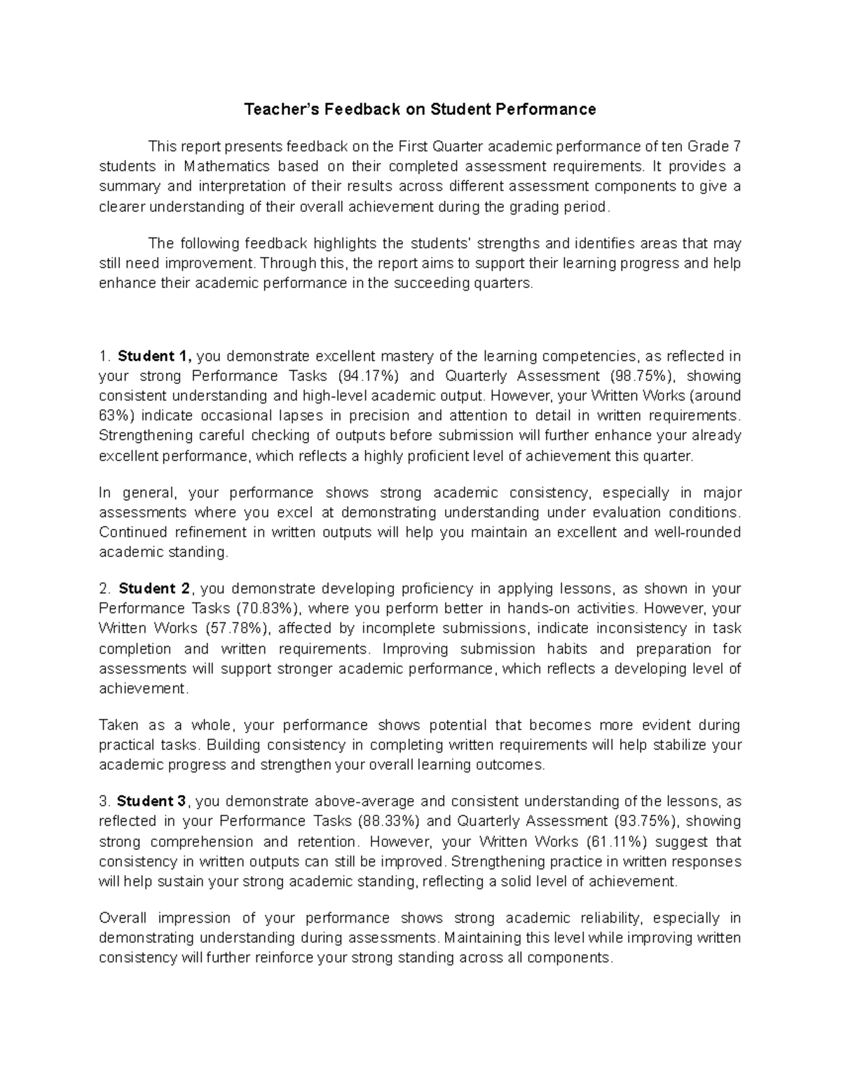 Grade 7 Math Q1 Performance Feedback Report - Studocu