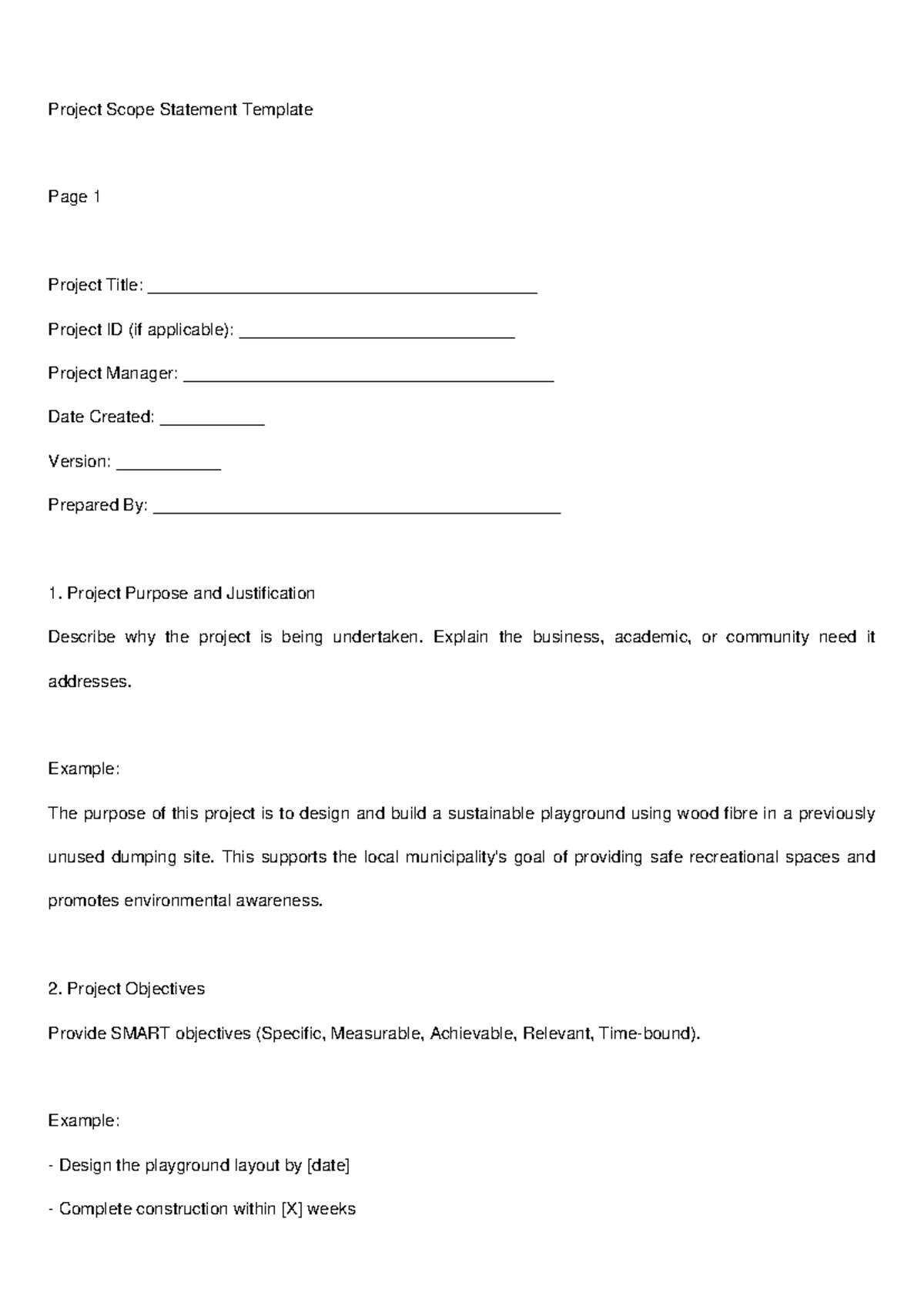 Project Scope Statement Template for Sustainable Playground Project ...