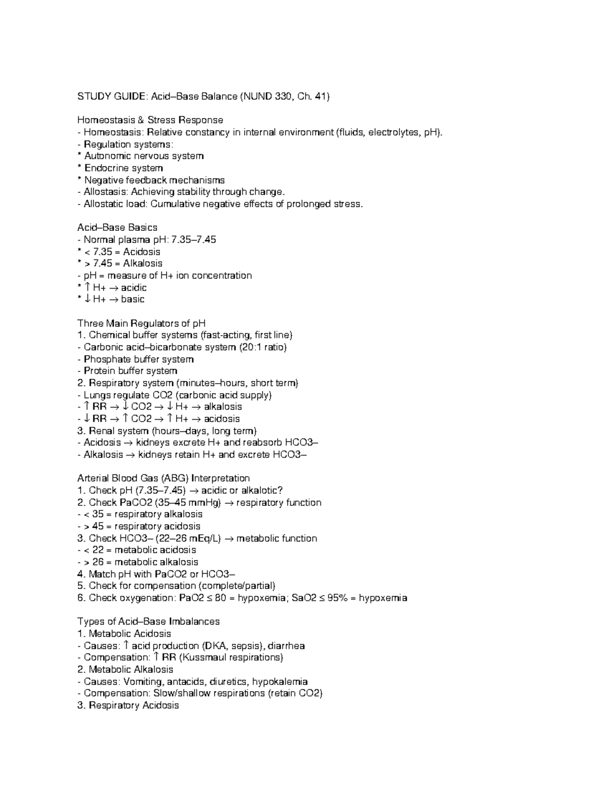 Acid-Base Balance Study Guide (NUND 330, Ch. 41) - Studocu