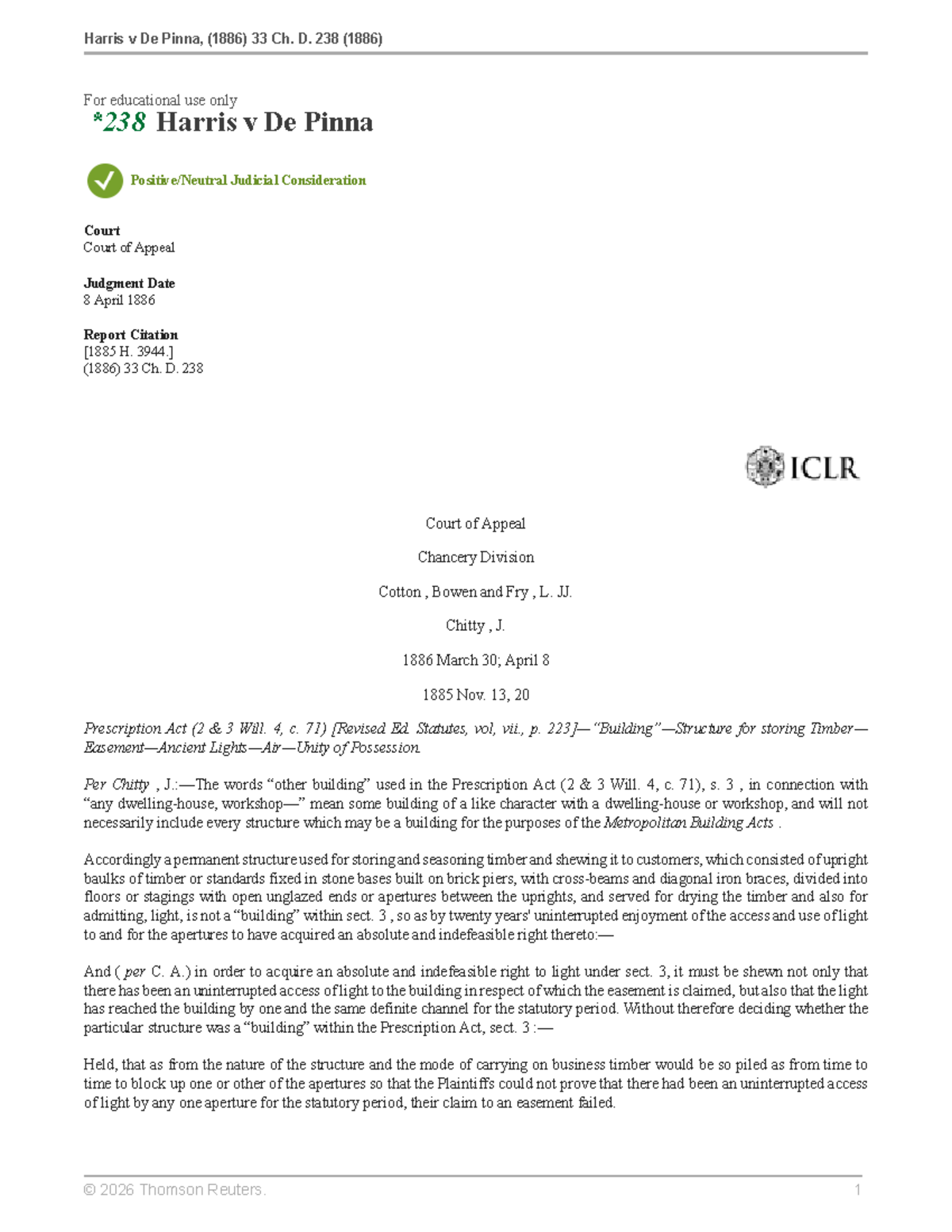 Harris v De Pinna (1886) - Court of Appeal Judgment Analysis - Studocu