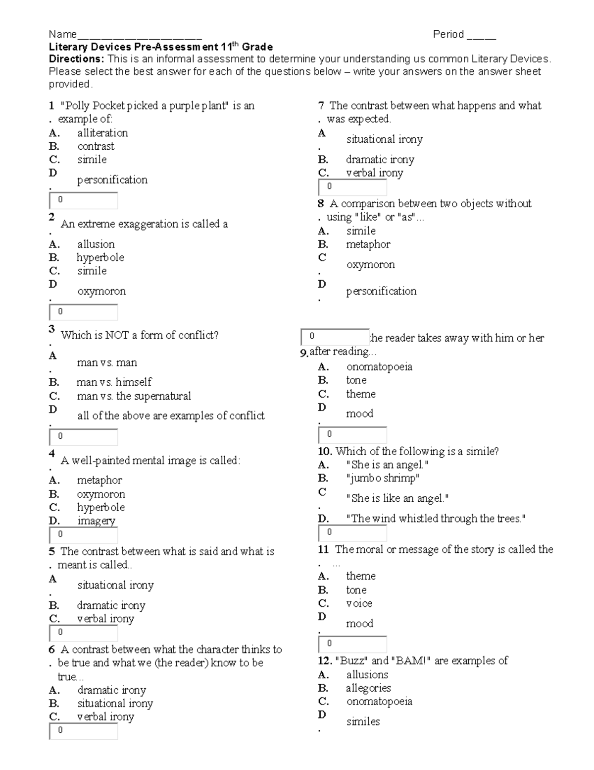 Literary Devices Pretest Quiz for 11th Grade Students - Studocu