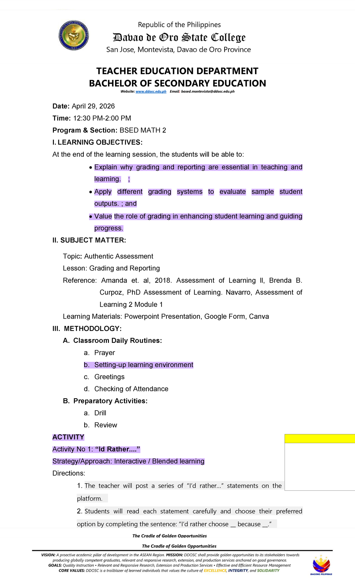 LP MATH2 PED-6 Grading and Reporting Lesson Plan - Studocu