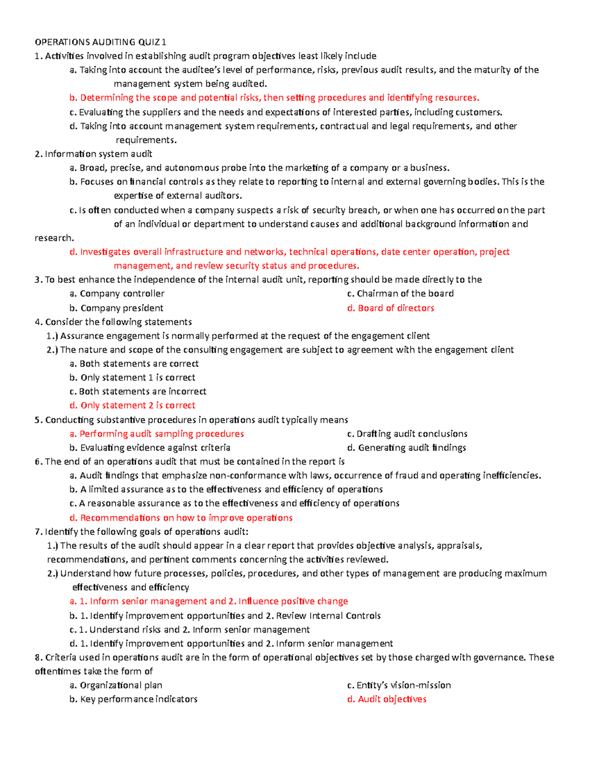 Operations Auditing Quiz 3 May 2020: Questions & Answers - Studocu