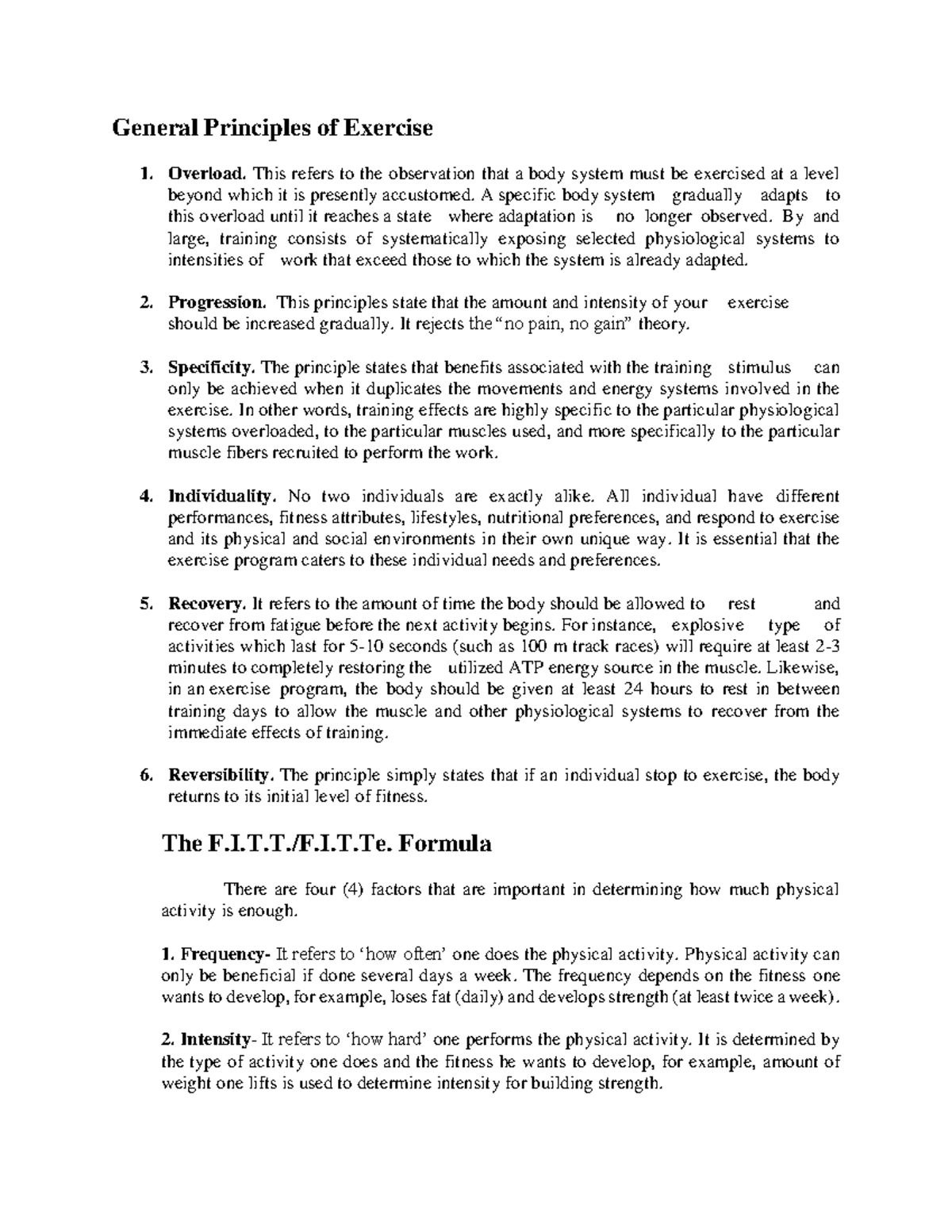 FITT Principles in Exercise: Overload, Progression, & Specificity - Studocu