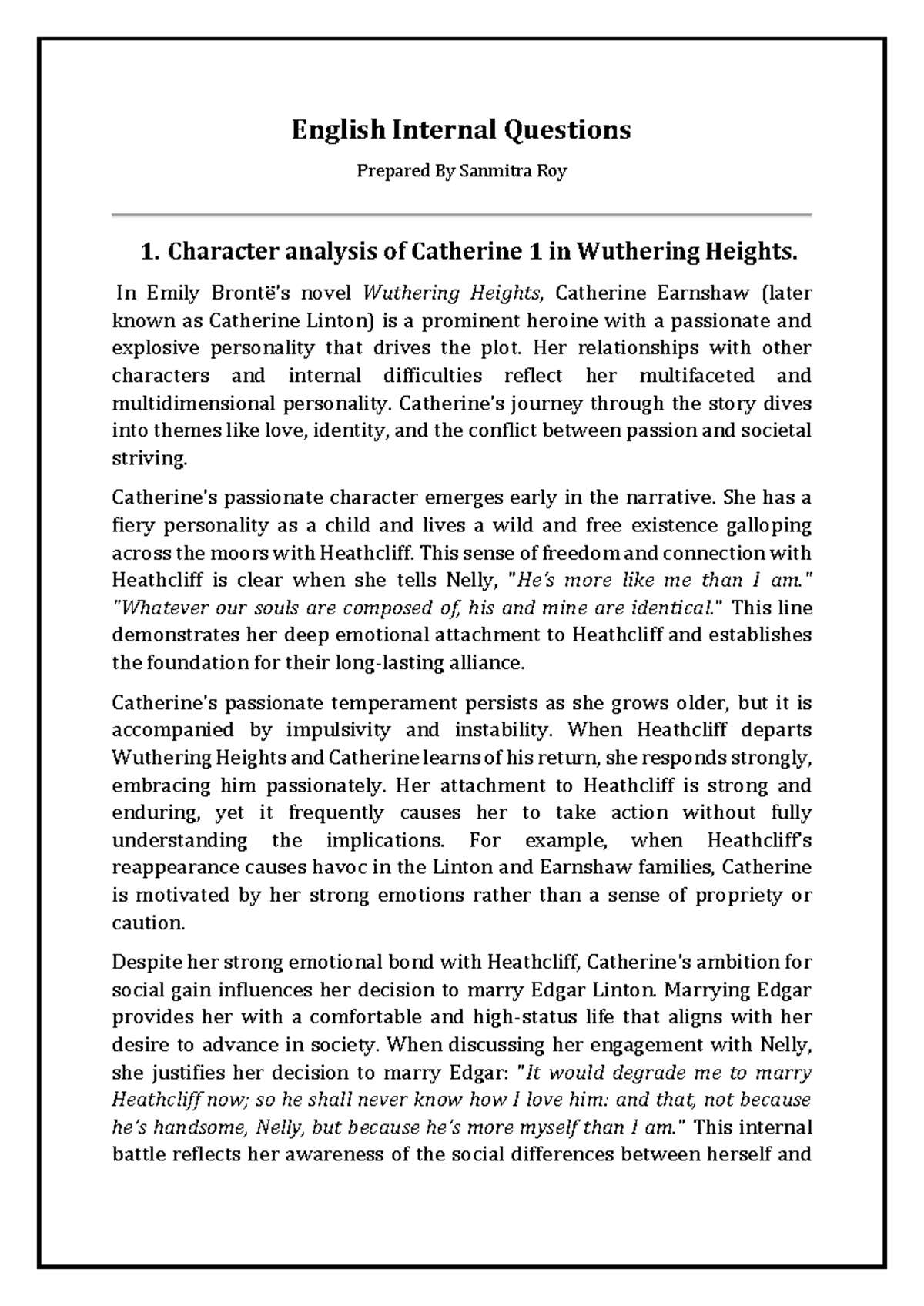 Character Analysis of Catherine Earnshaw & Elizabeth Bennet in English ...