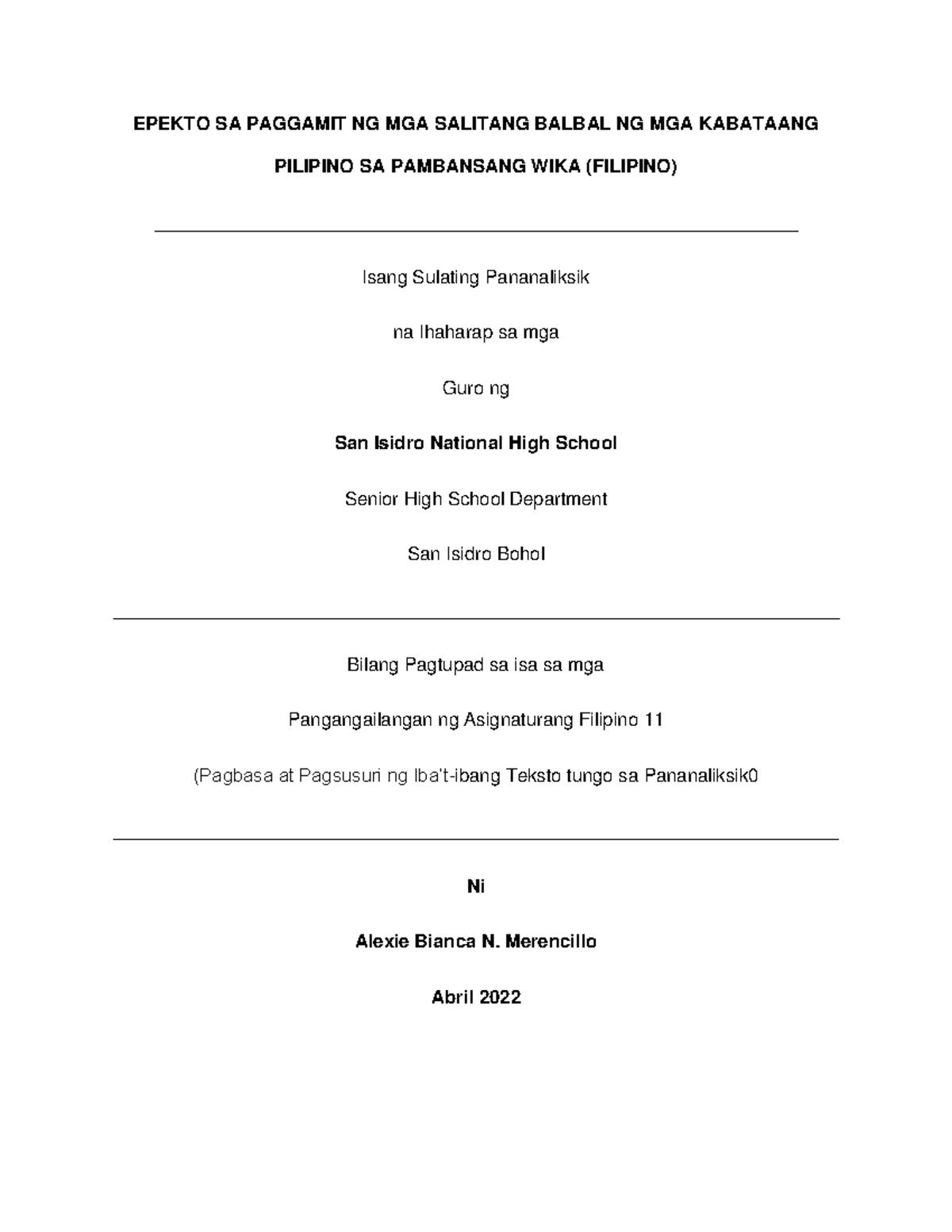 Epekto ng Paggamit ng Salitang Balbal sa wikang Filipino (Filipino 11 ...