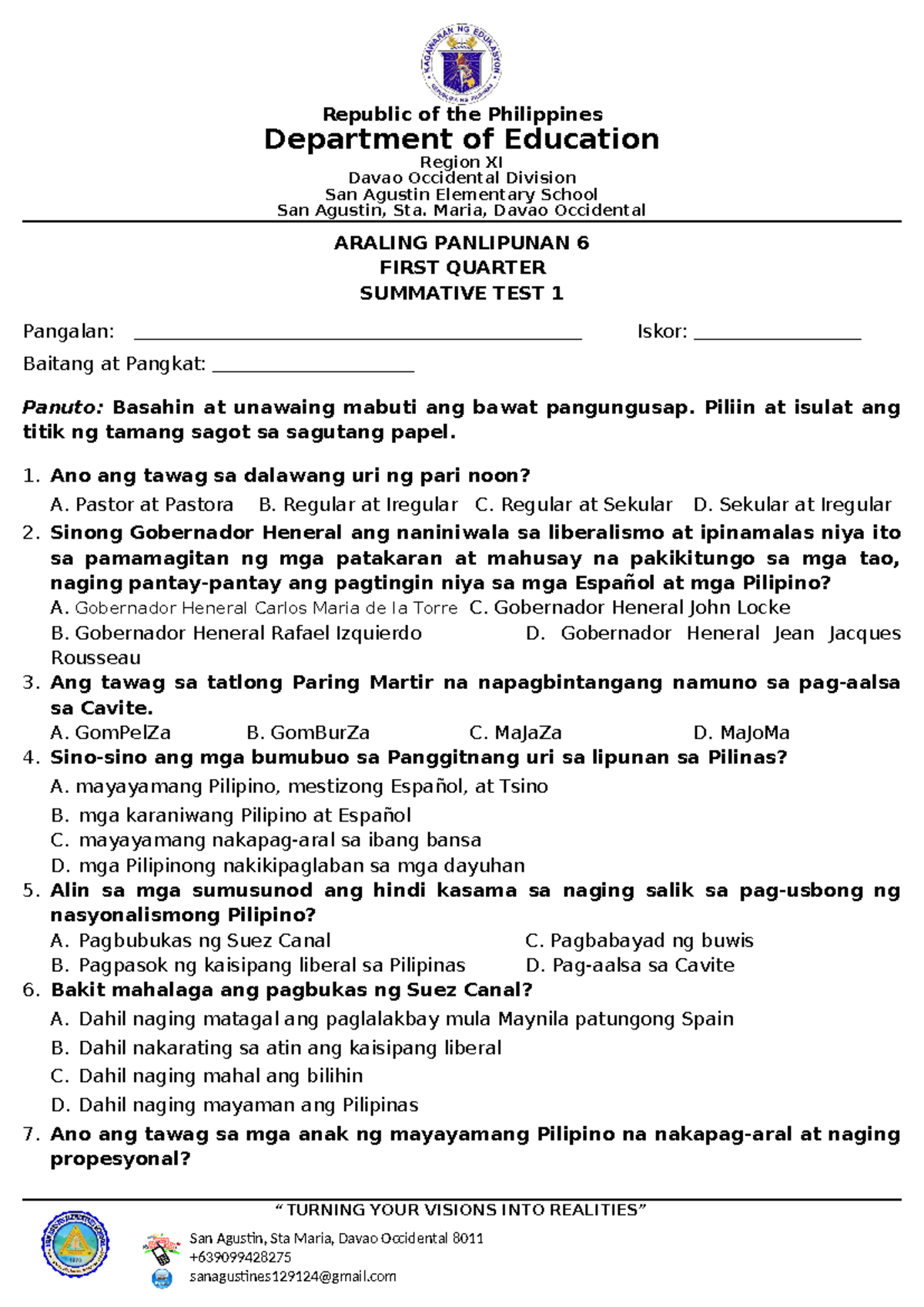 AP 6 Q1 ST 1 - Araling Panlipunan Summative Test Questions - Studocu