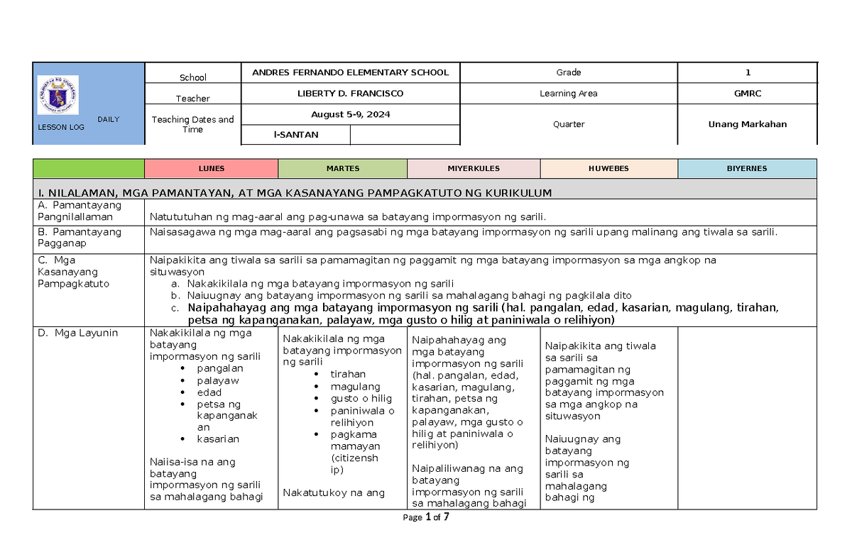 DLL-GMRC 1 - Daily Lesson Log for GMRC (August 5-9, 2024) - Studocu