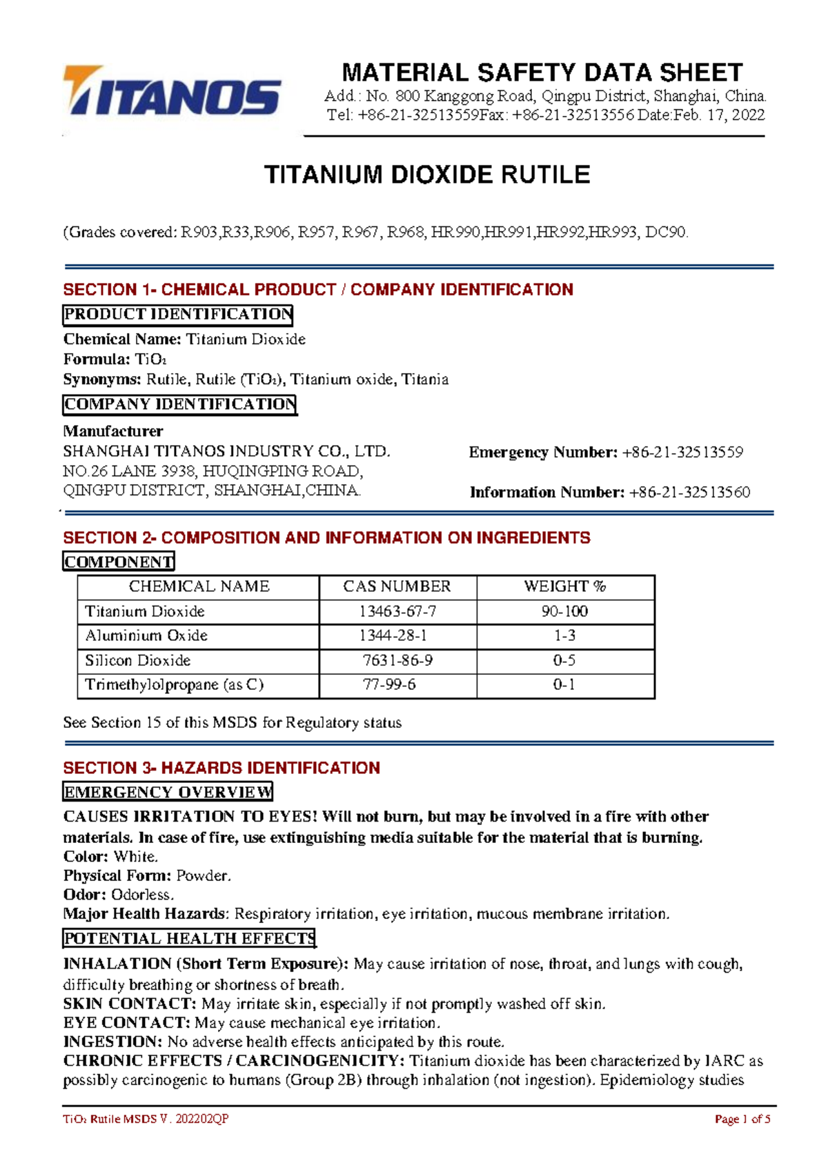 Titanos Industry MSDS - Titanium Dioxide (TiO2) - Safety Info - Studocu