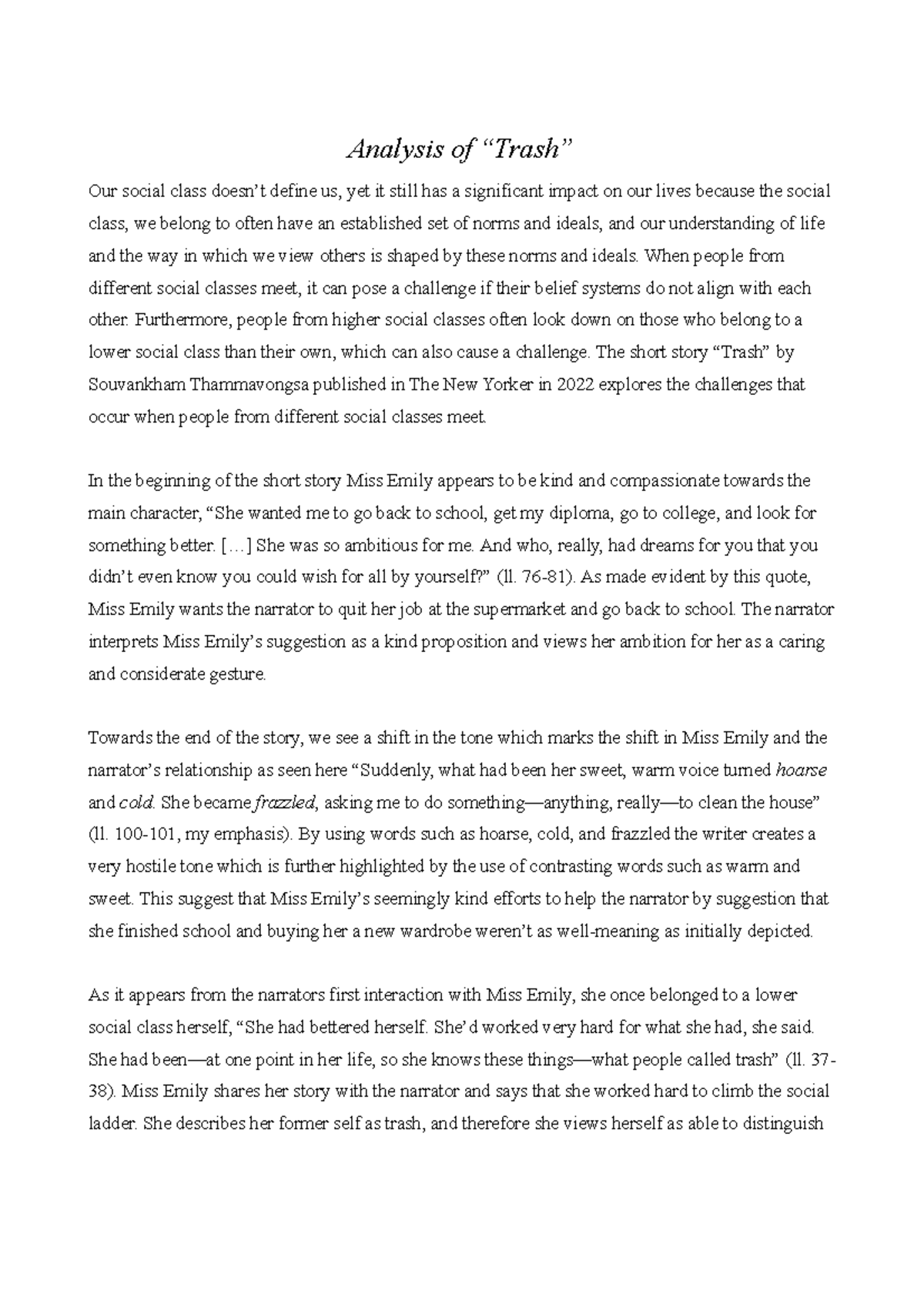 Analysis of Social Class Themes in "Trash" - ENG 101 Essay Notes - Studocu
