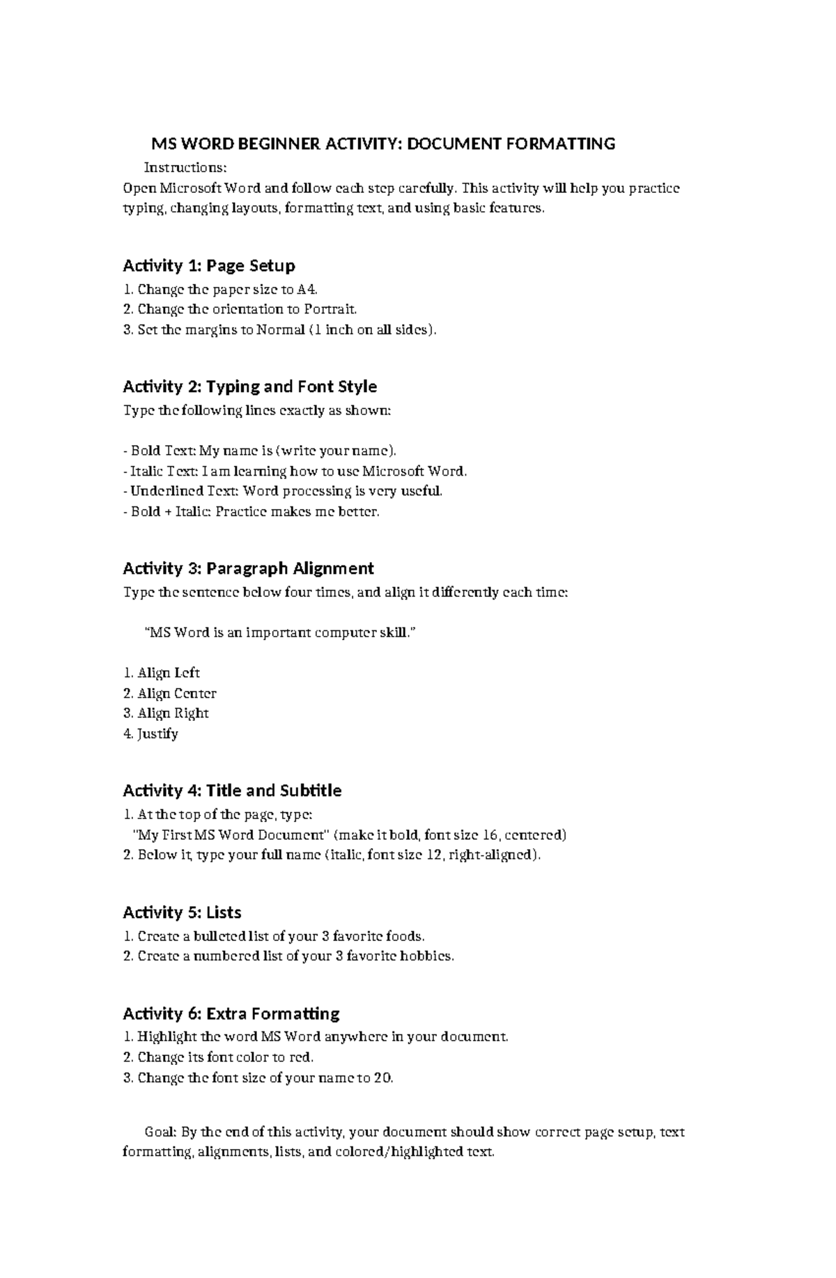 MS WORD 101: Beginner Activity on Document Formatting - Studocu