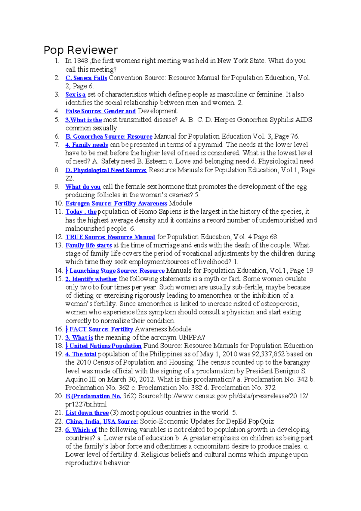 Population Education Pop Quiz Reviewer: Key Concepts & Answers - Studocu