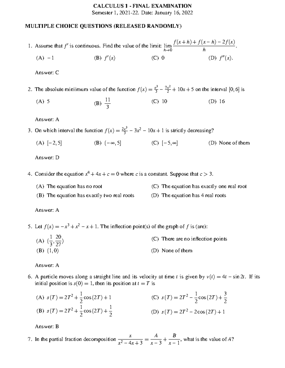 Final sem 1 2021 (answer) thầy quân - CALCULUS 1 - FINAL EXAMINATION ...