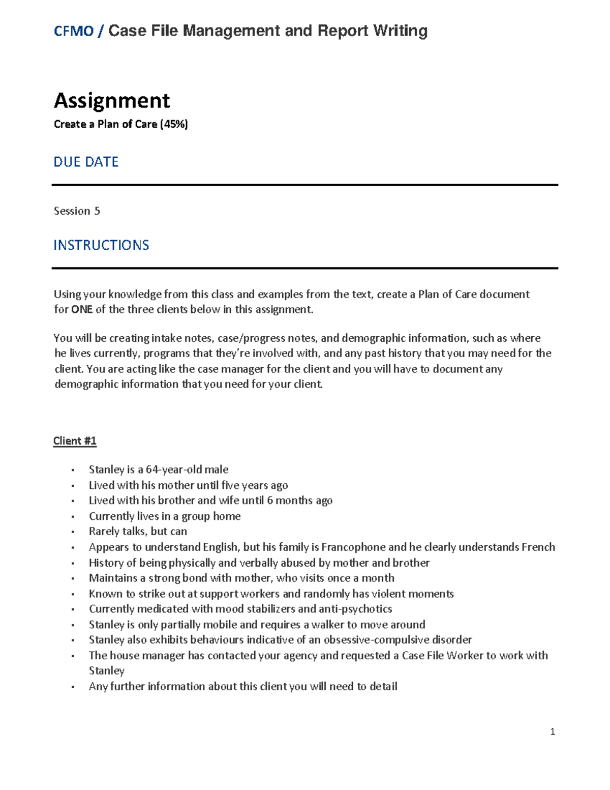 CFMO Case File Management: Plan of Care Assignment for Clients - Studocu