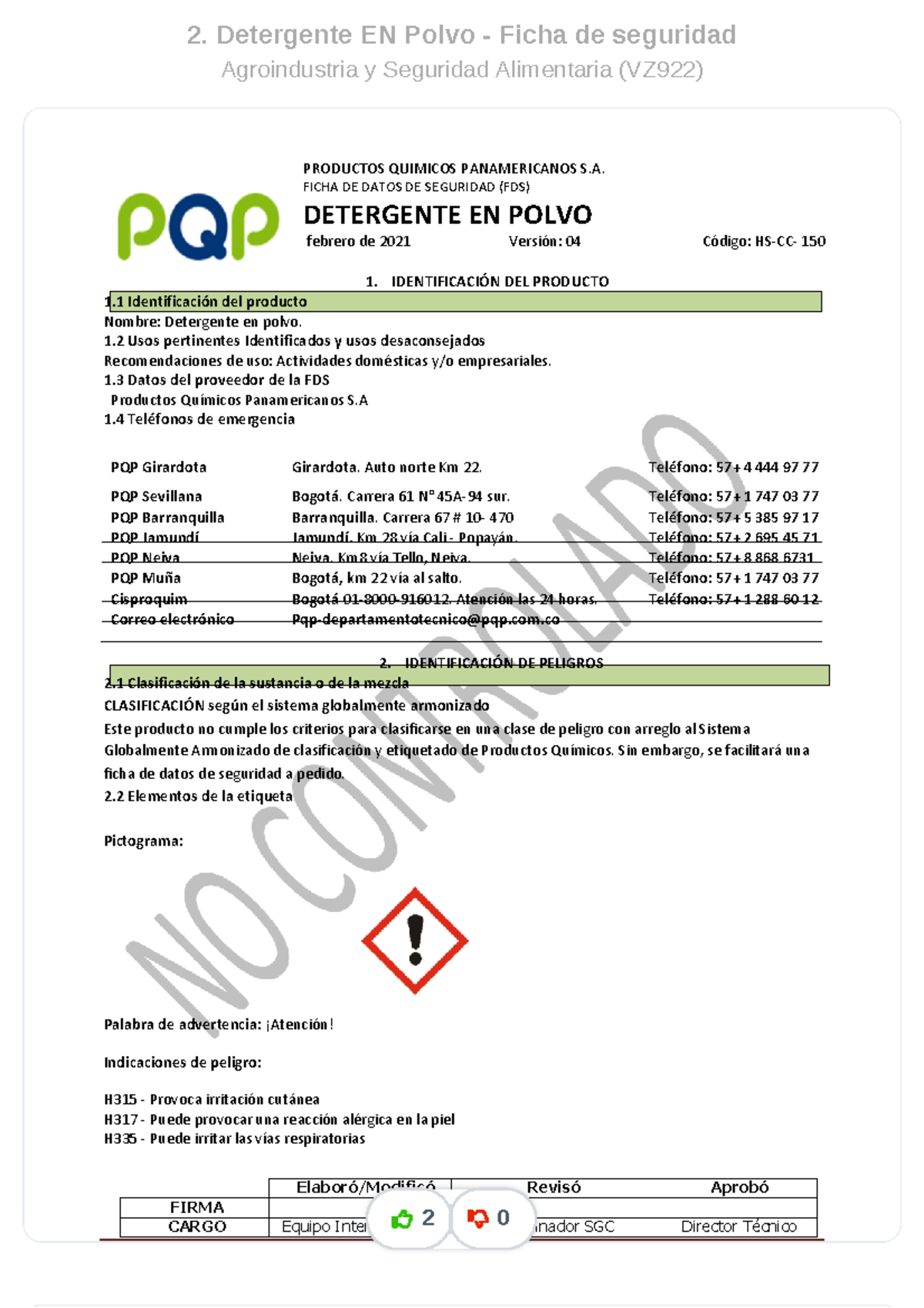 Ficha de Seguridad del Detergente en Polvo - VZ922 - Studocu