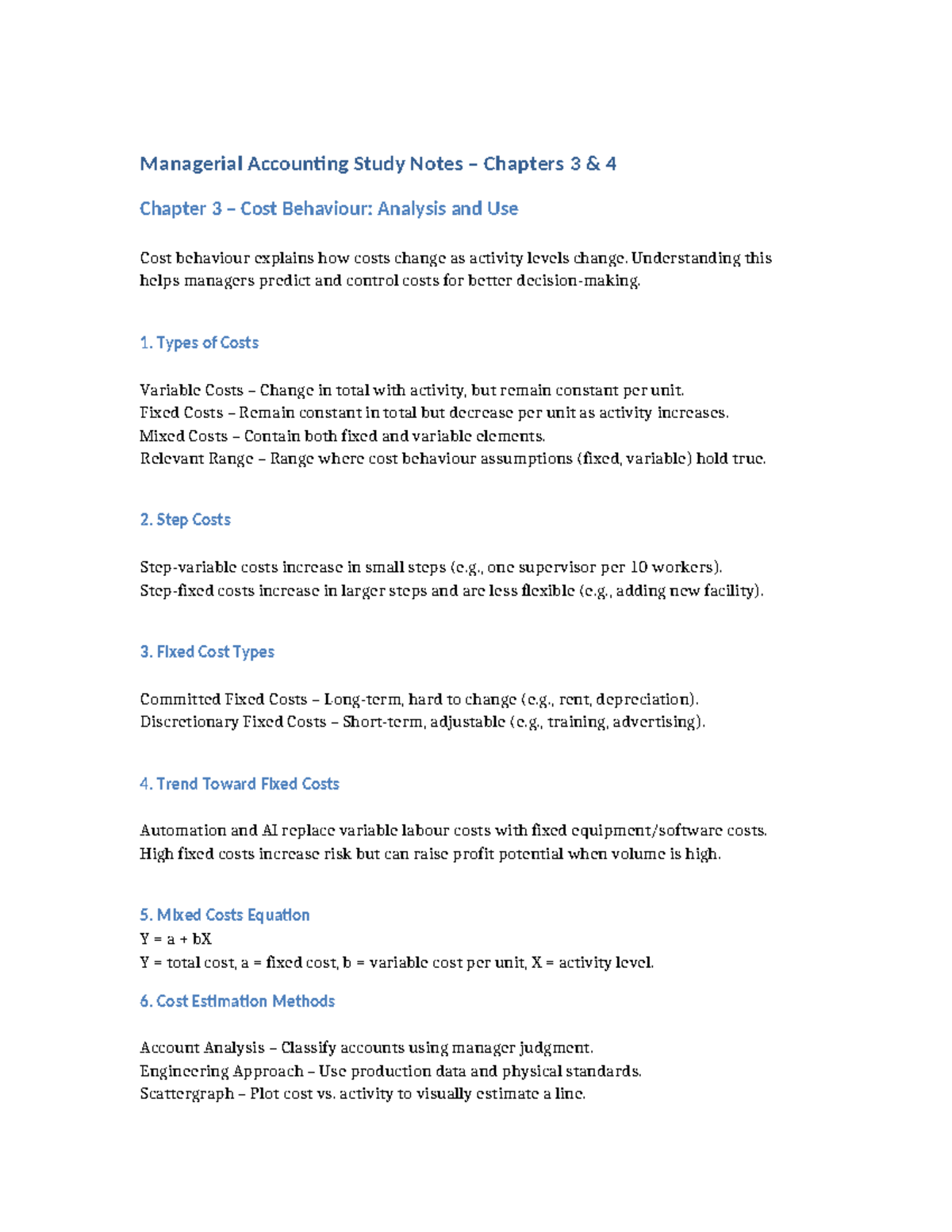 Managerial Accounting Study Notes: Chapters 3 & 4 Cost Behavior ...