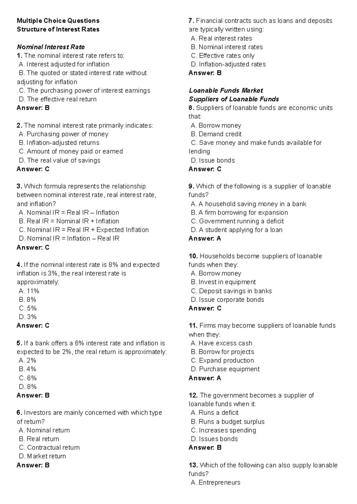 Financial Market MCQs: Structure of Interest Rates & BSP Functions ...