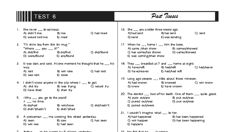 Past Tenses TEST 6: Questions & Answers - Studocu