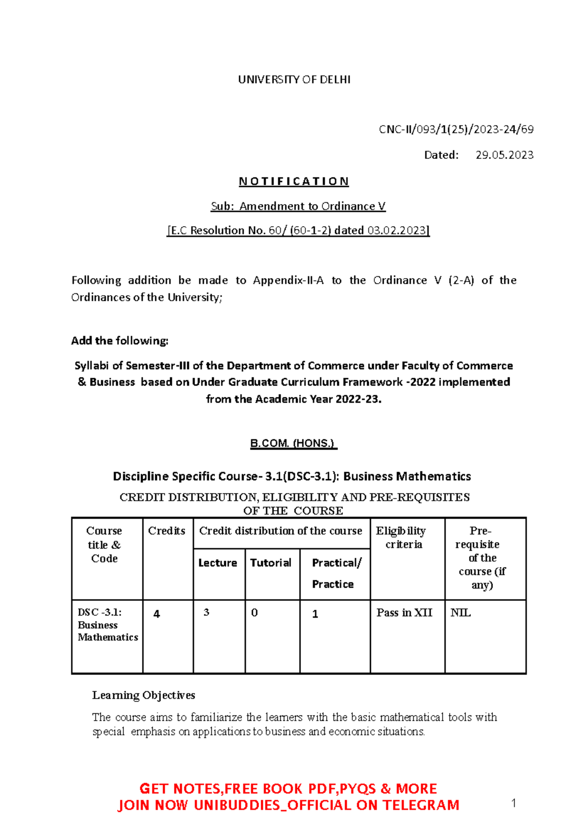 BCOM (H) SEM 3 Syllabi - syllabus - UNIVERSITY OF DELHI CNC-II/093/1(25)/2023-24/ 69 Dated: 29 ...
