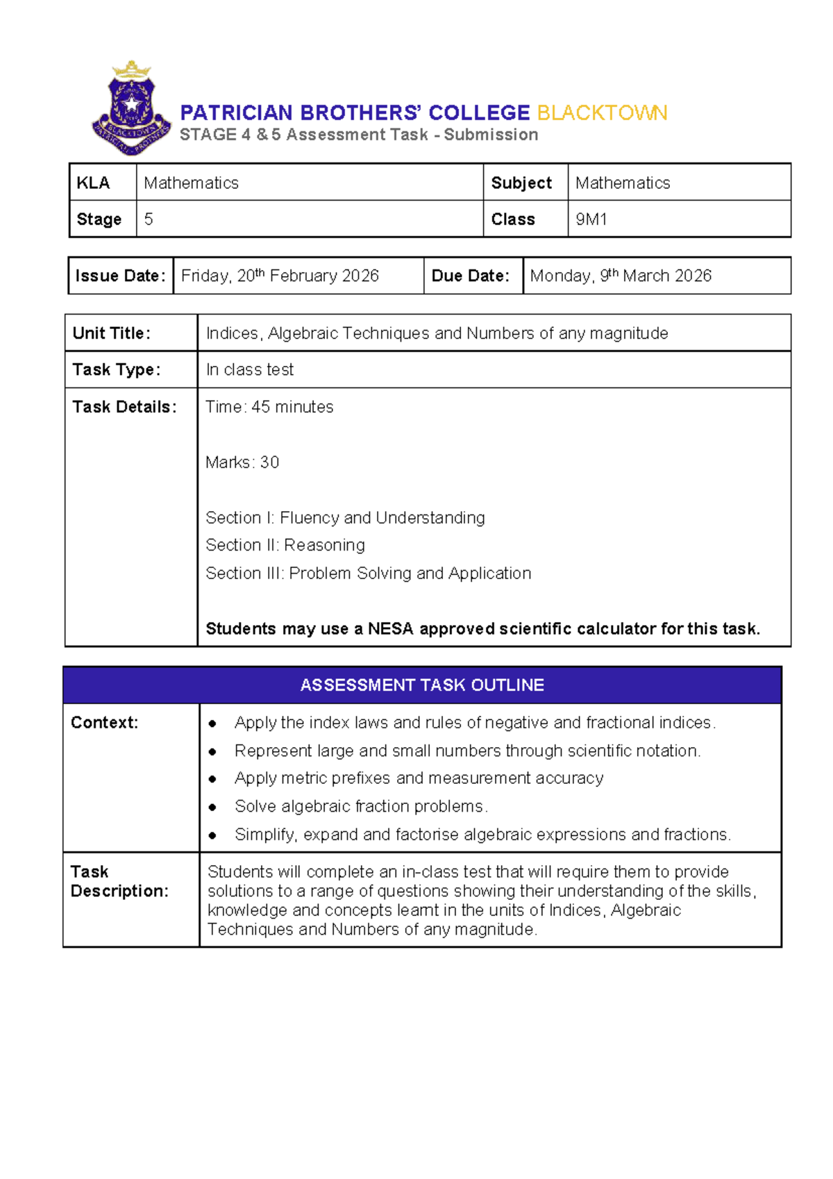 Stage 5 Mathematics In-Class Test - Indices & Algebra - Studocu