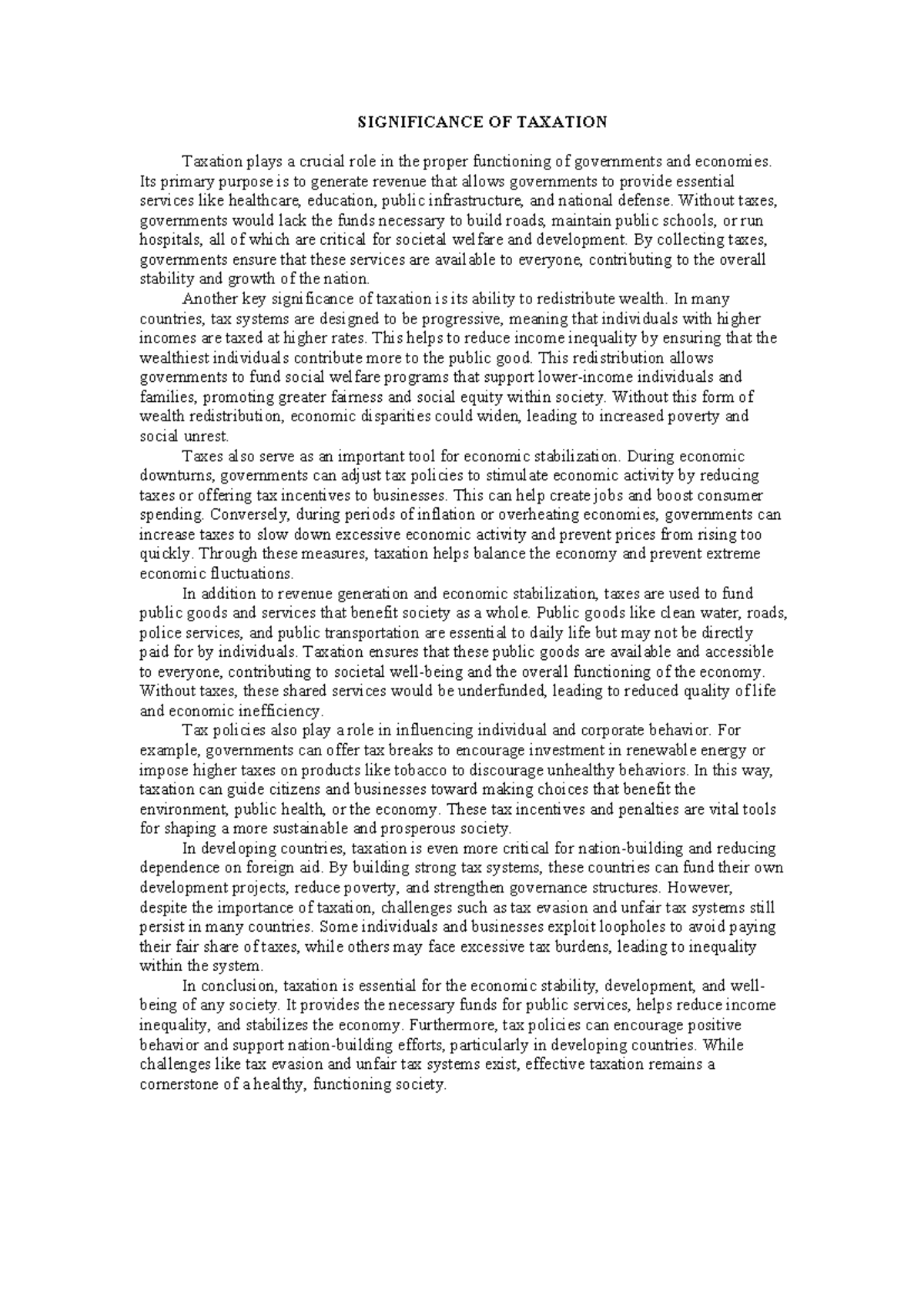 The Importance and Impact of Taxation on Society and Economy - Studocu