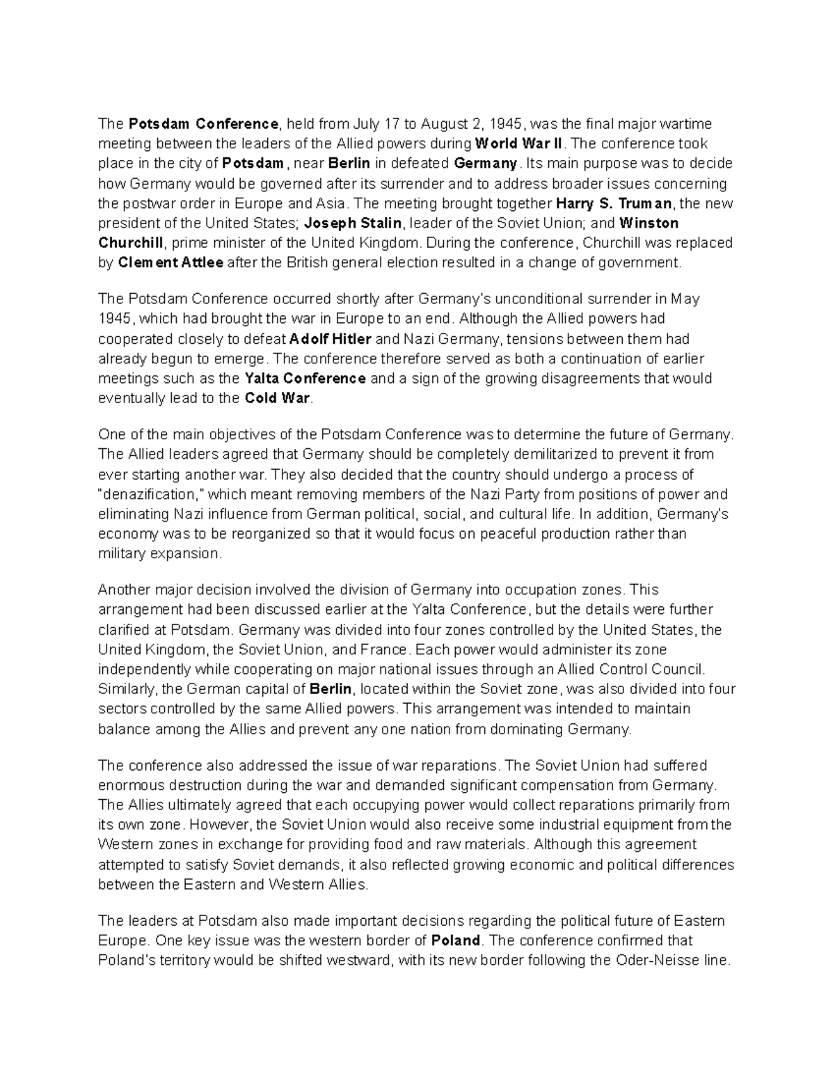 Potsdam Conference Essay: Key Decisions & Cold War Implications - Studocu