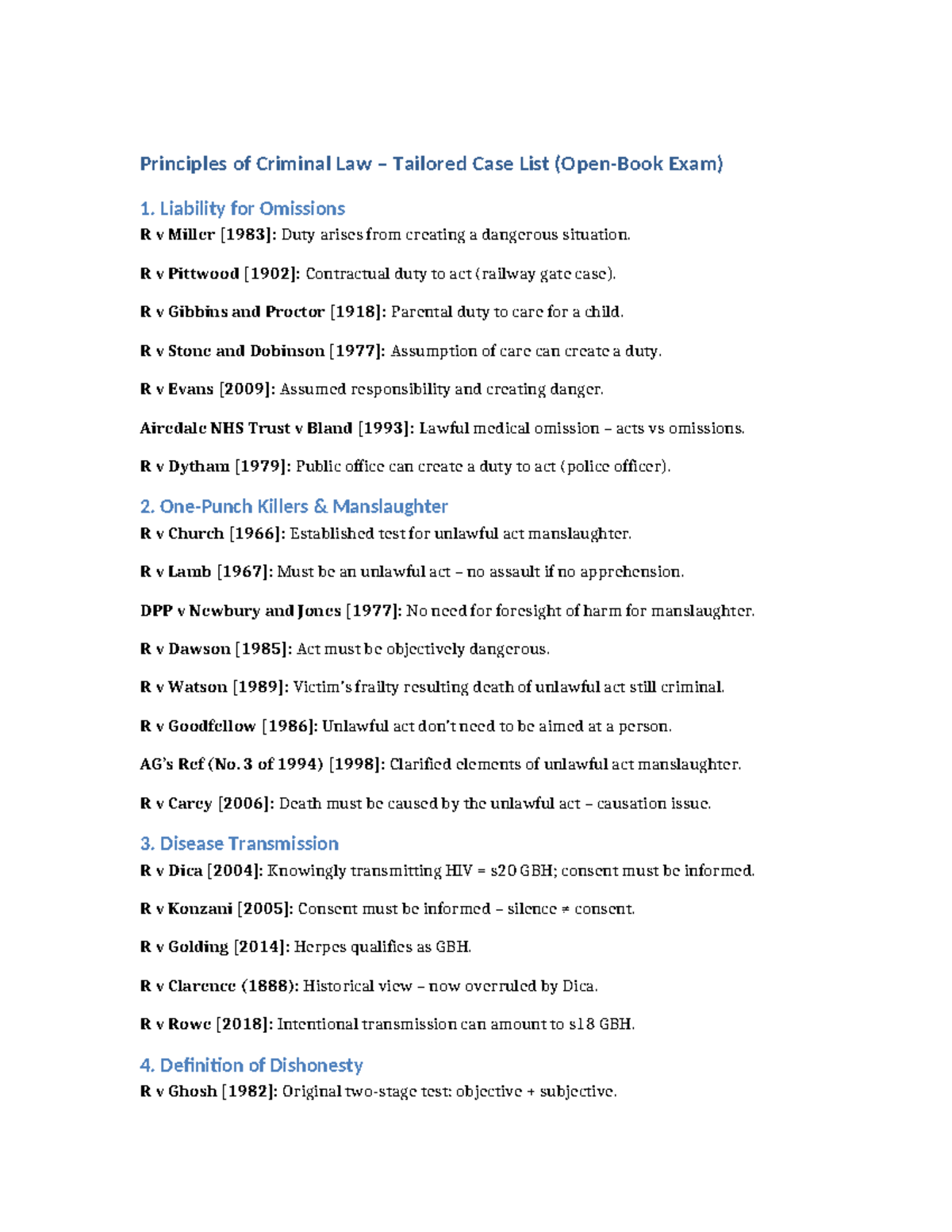Criminal Law Case List (Open Book Exam) - Key Principles & Cases - Studocu