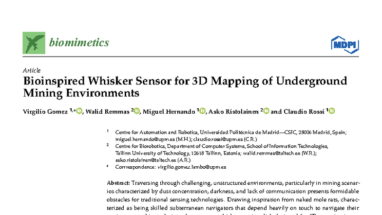 Bioinspired Whisker Sensor for 3D Mapping in Mining Environments (BIOM ...