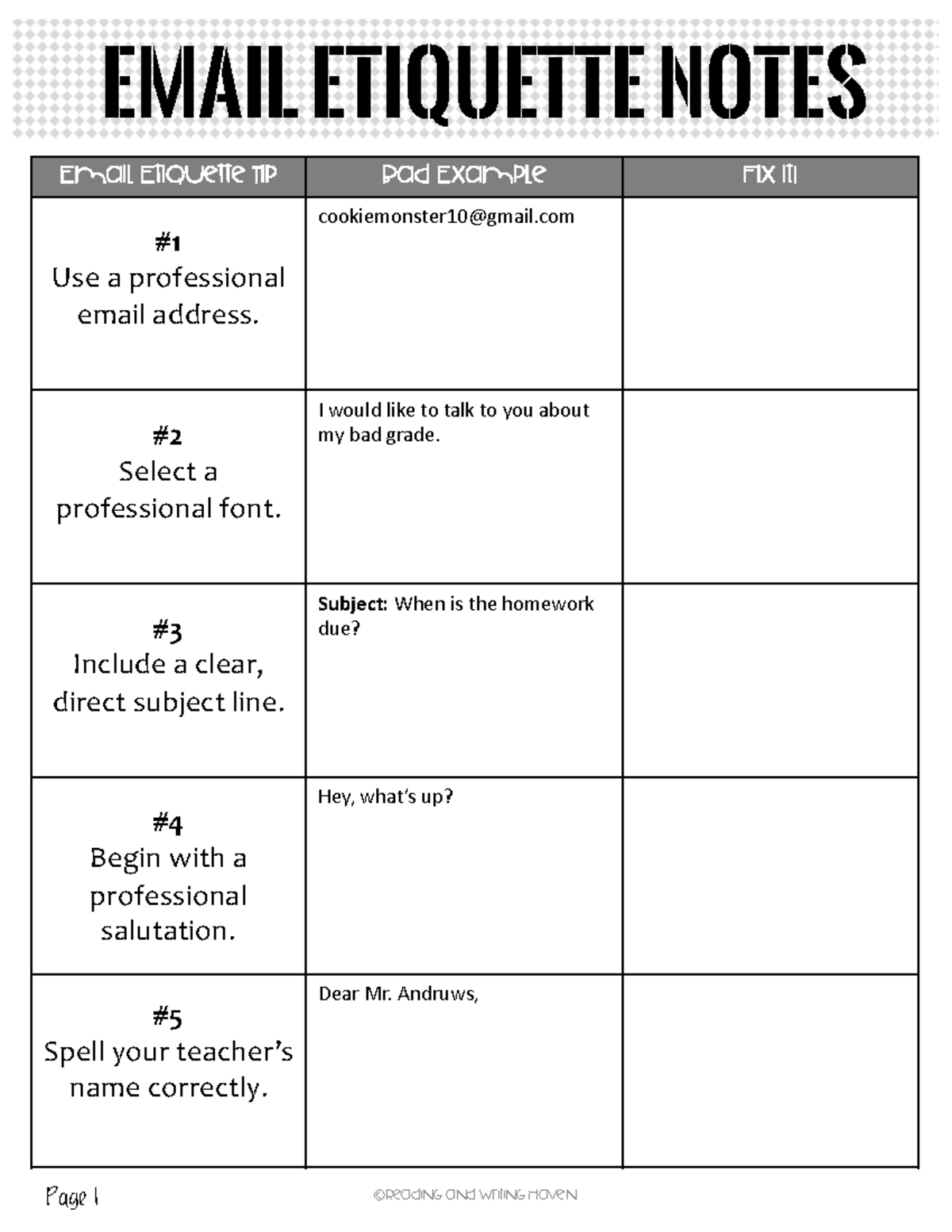 Email Etiquette Student Notes Pages - Student Version - ####### Email ...