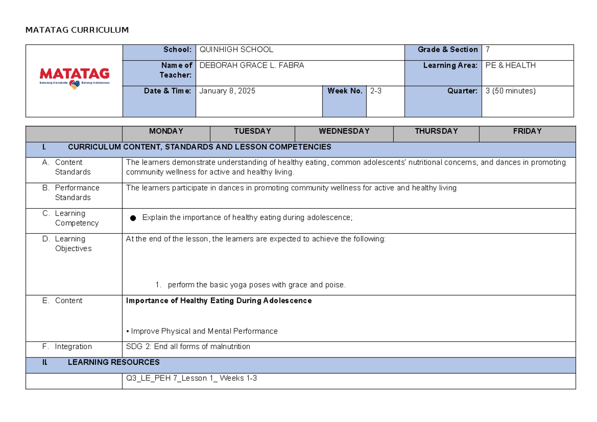 Q3-DLL PE Health 7: Week 1 Lesson on Healthy Eating & Yoga - Studocu
