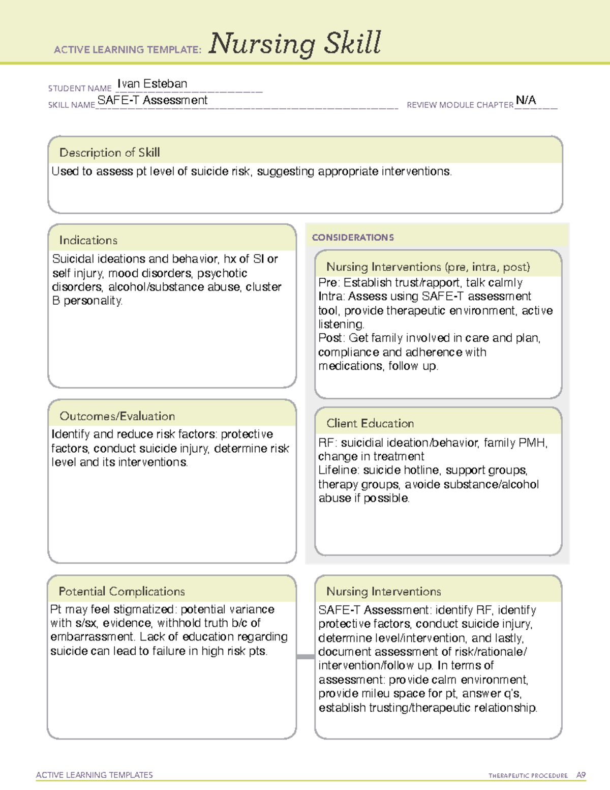 Nursing Skills SAFE-T Assessment Template for Suicide Risk Evaluation ...