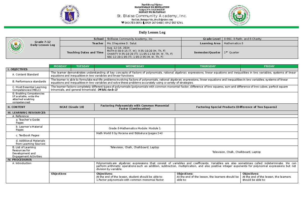 Daily Lesson Log for Grade 8 Math (Q1-W2) - St. Blaise Academy - Studocu