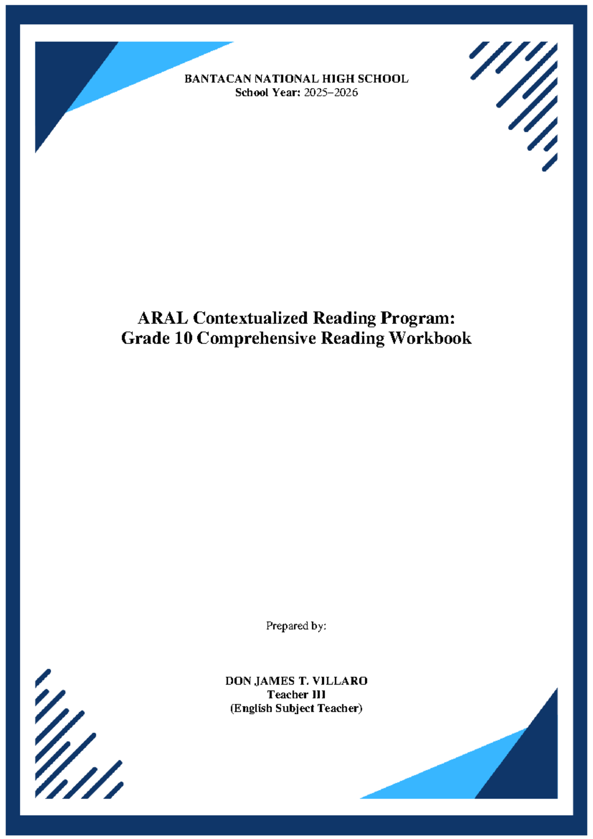 ARAL Reading Workbook: Grade 10 Comprehensive Guide SY2025-2026 - Studocu