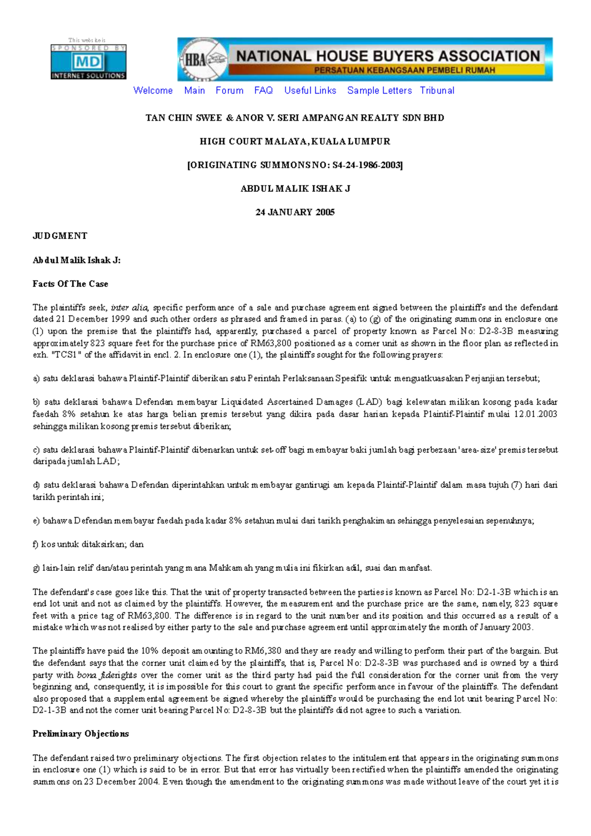 Tan Chin Swee & Anor v Seri Ampangan Realty Sdn Bhd: High Court ...