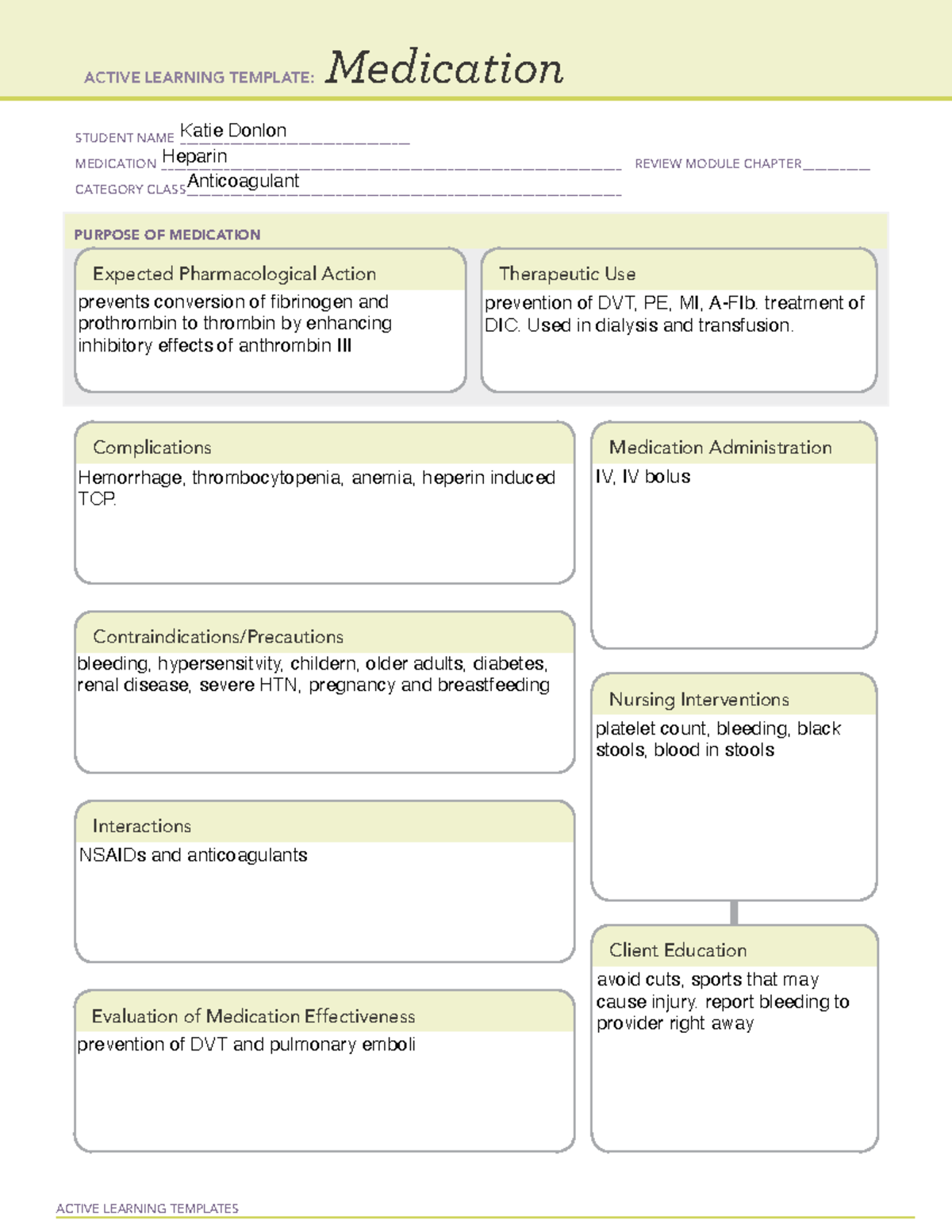 Heparin ati templet - ACTIVE LEARNING TEMPLATES Medication STUDENT NAME ...