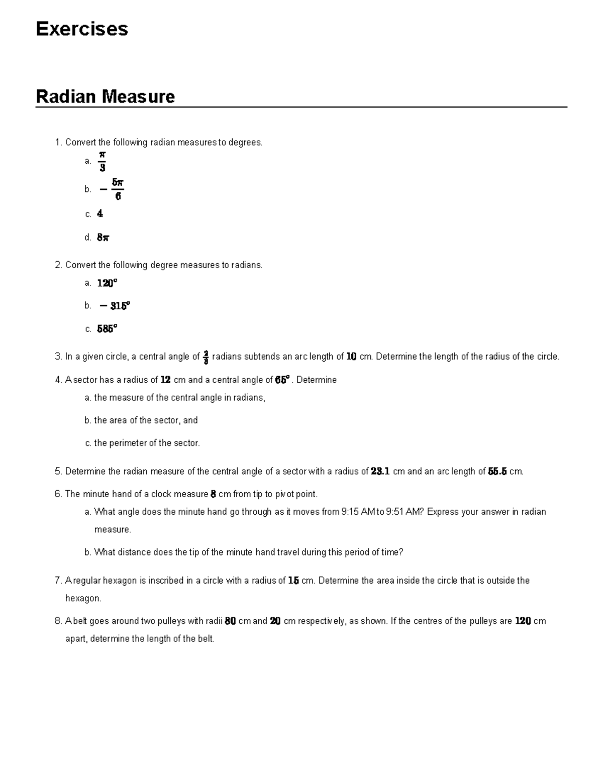 CEMC MATH 201 - Radian Measure Exercises and Solutions - Studocu