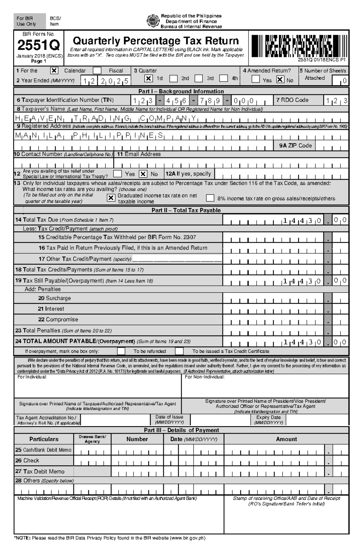 BIR Form 2551Q: Quarterly Percentage Tax Return Instructions - Studocu