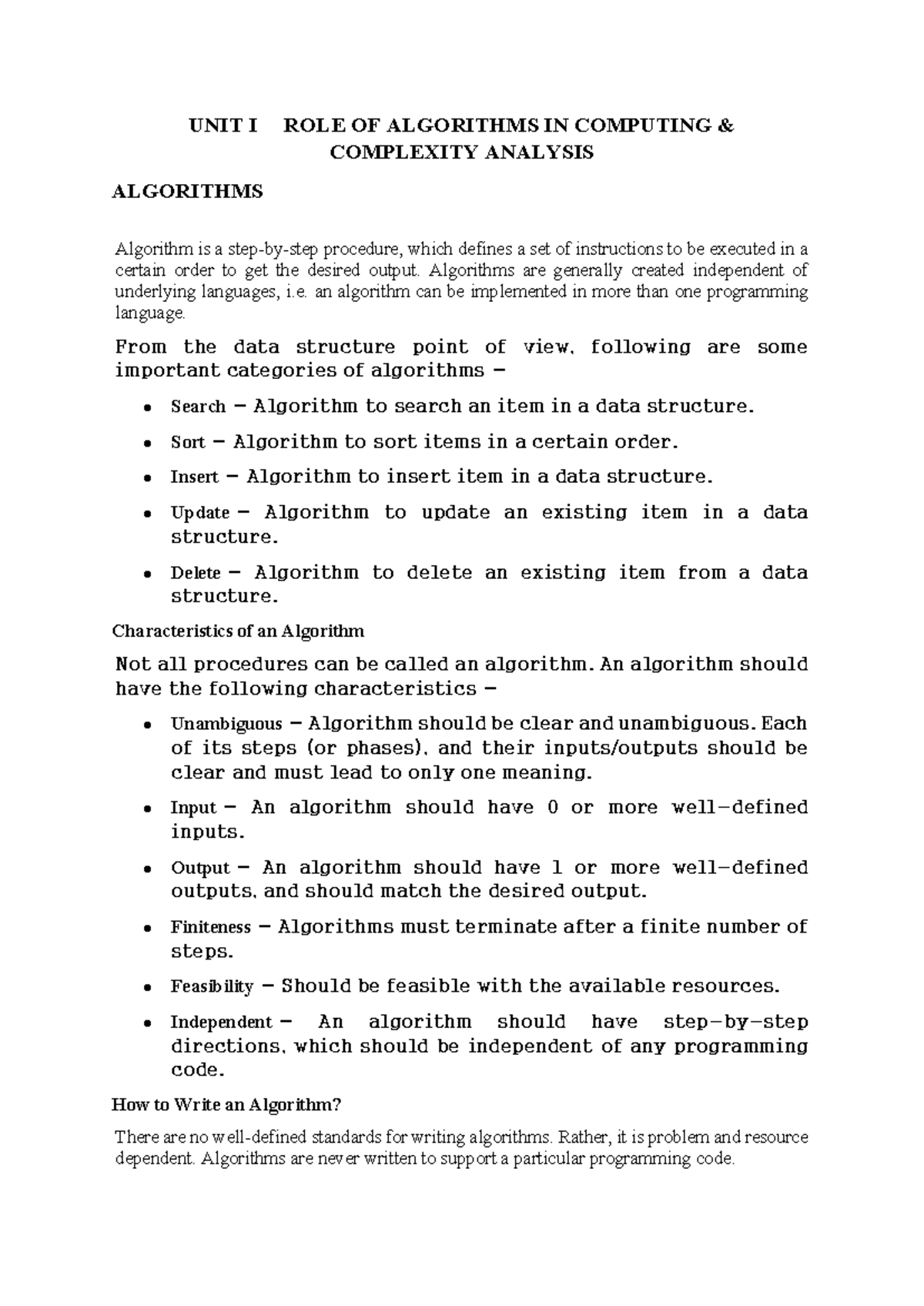 ADS 1001: Unit I - Role of Algorithms in Computing & Complexity Analysis - Studocu