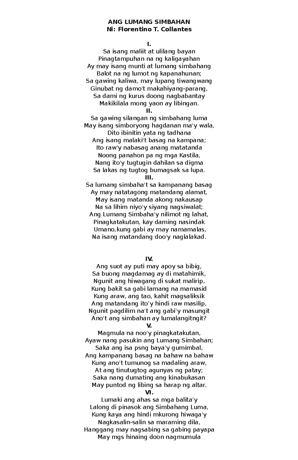 ANG LUMANG SIMBAHAN: Isang Maikling Kuwento ni Florentino T. Collantes ...